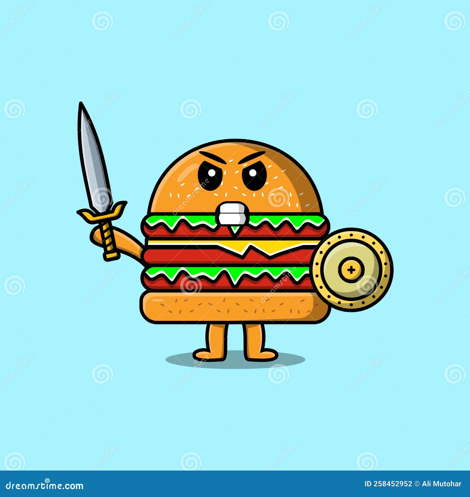 Cute Cartoon Character Burger Holding Sword Stock Vector Illustration Of Cartoon Helmet