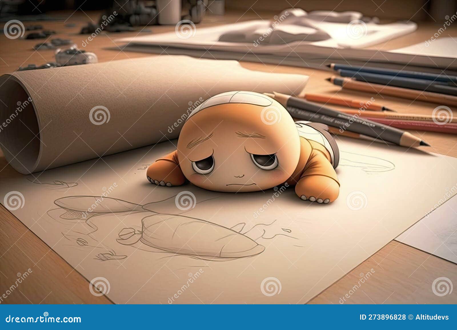Cute Cartoon Character Lying On The Floor And Drawing With View Of
