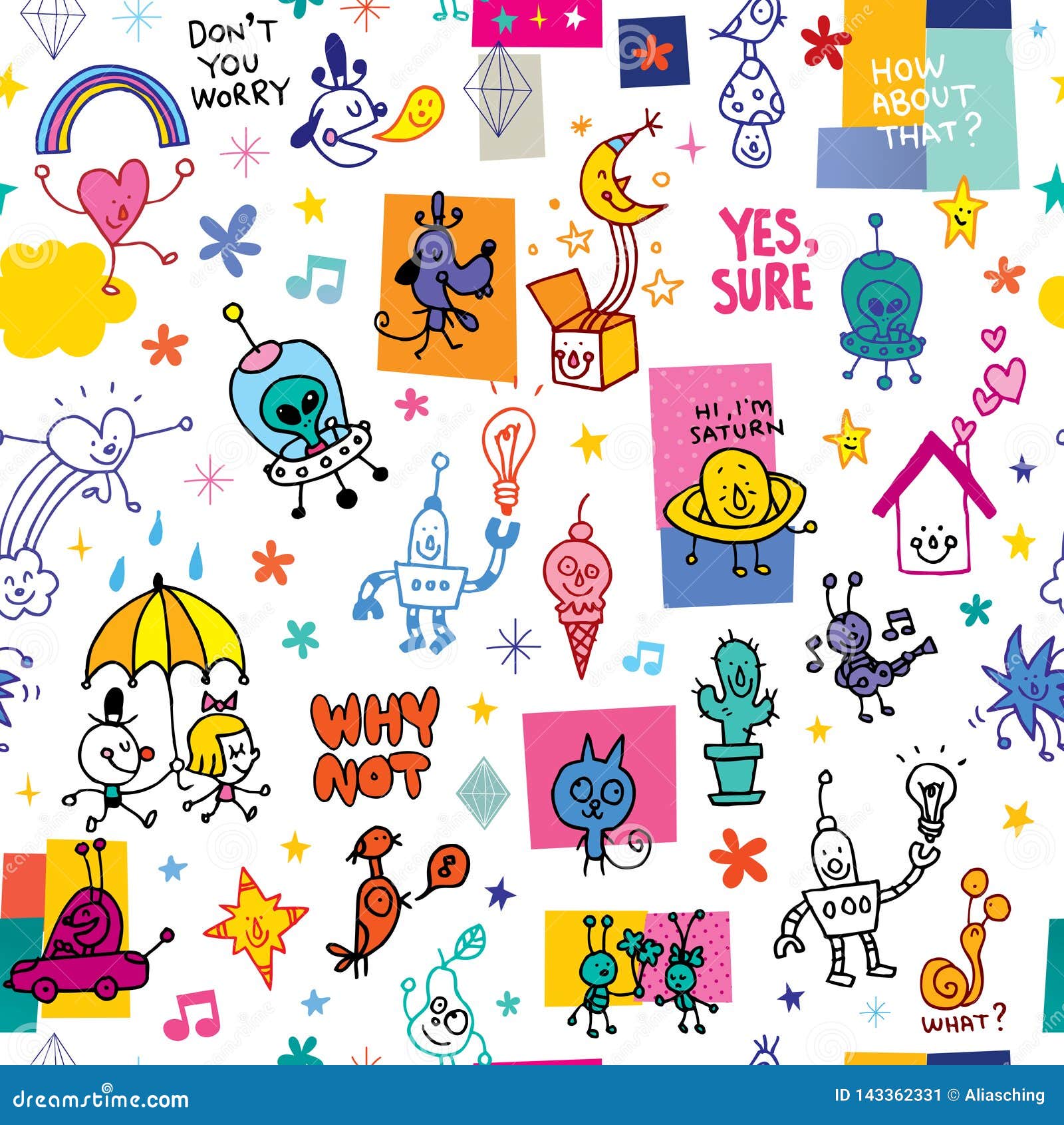 Cute Cartoon Characters Seamless Pattern Stock Vector - Illustration of ...