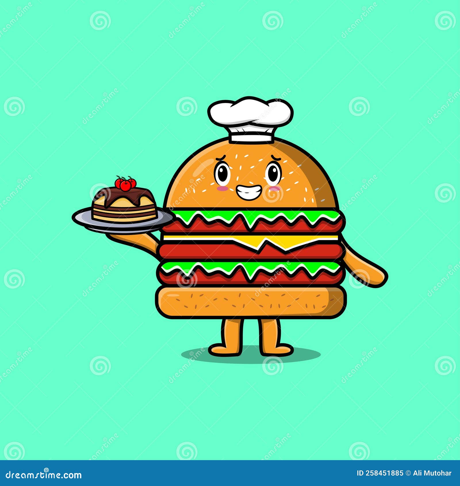Cute Cartoon Chef Burger Serving Cake on Tray Stock Vector ...