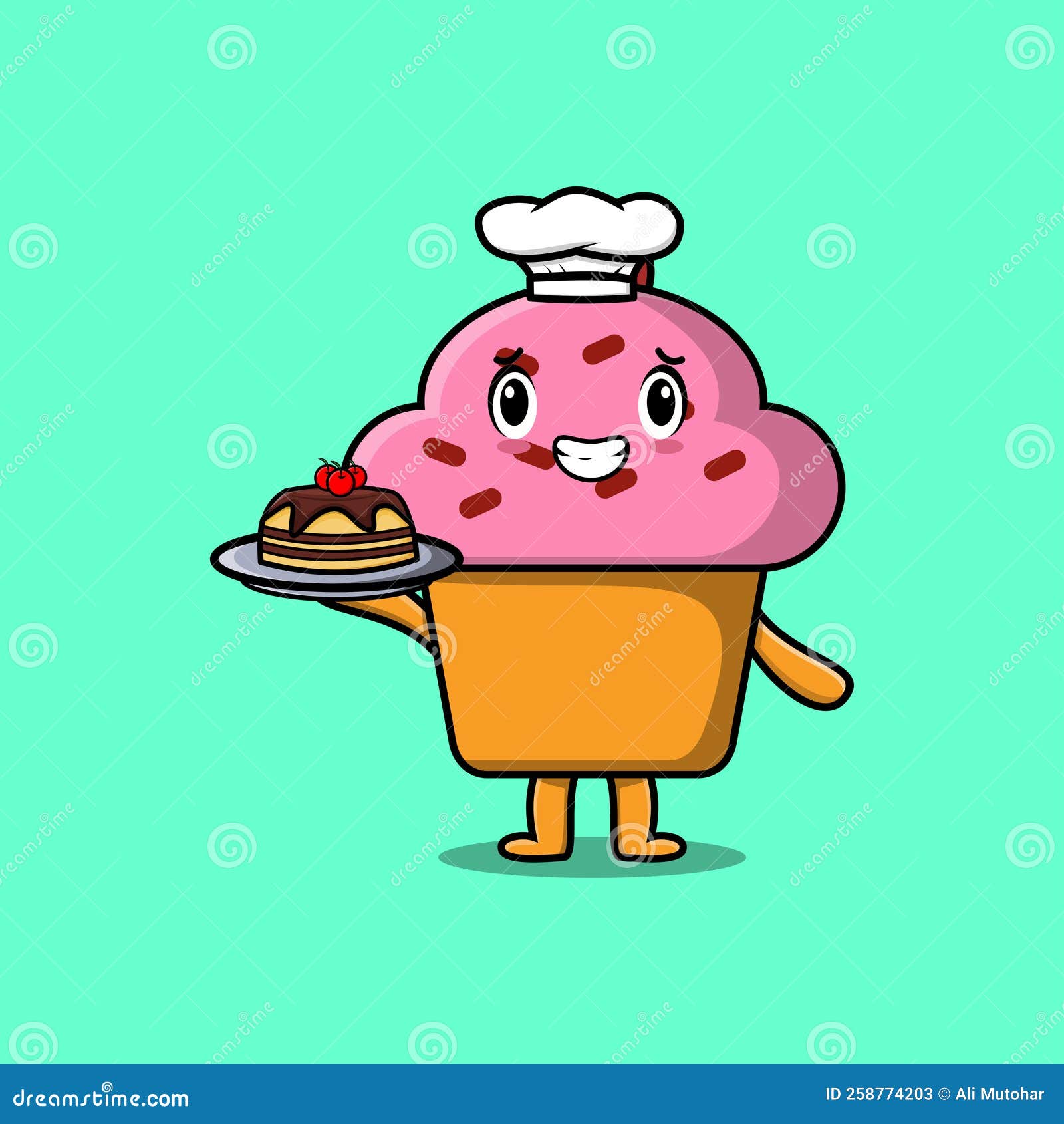 Cute Cartoon Chef Cupcake Serving Cake on Tray Stock Vector ...