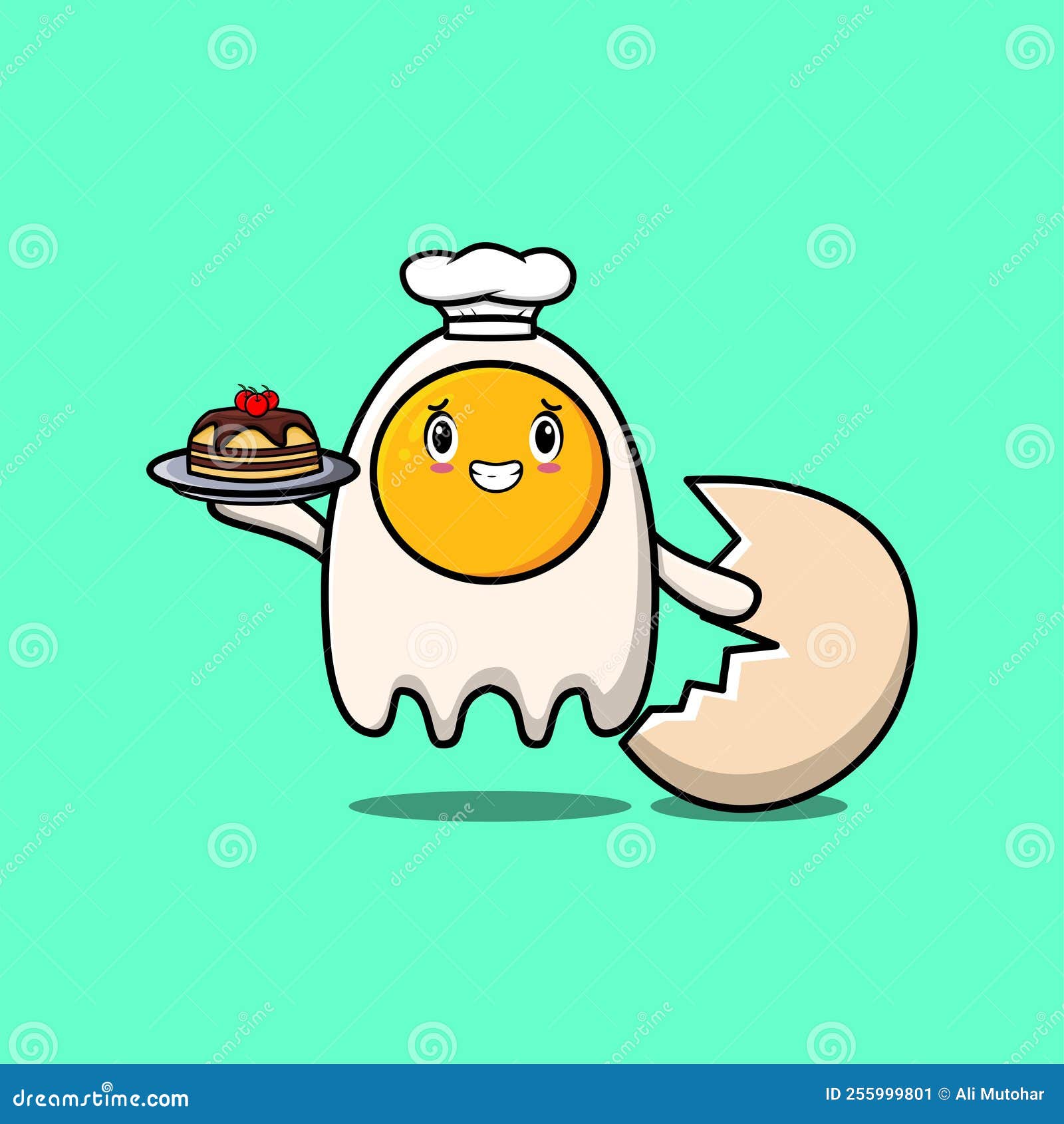 Cute Cartoon Chef Fried Eggs Serving Cake on Tray Stock Illustration ...