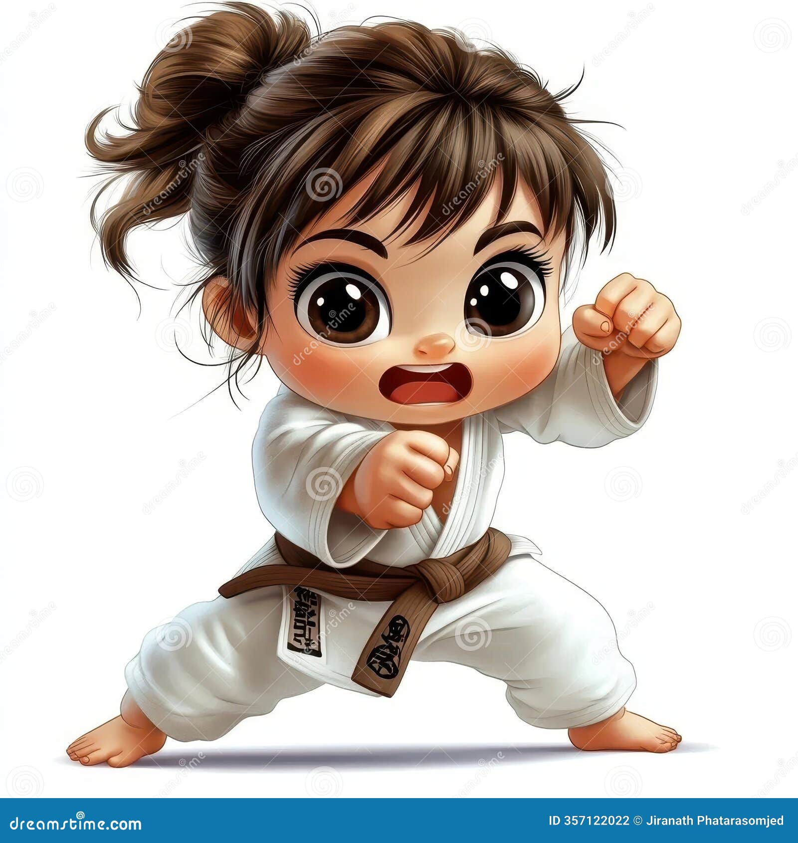 Cute Cartoon Child in Karate Gi Exhibiting Dynamic Fighting Stance with ...
