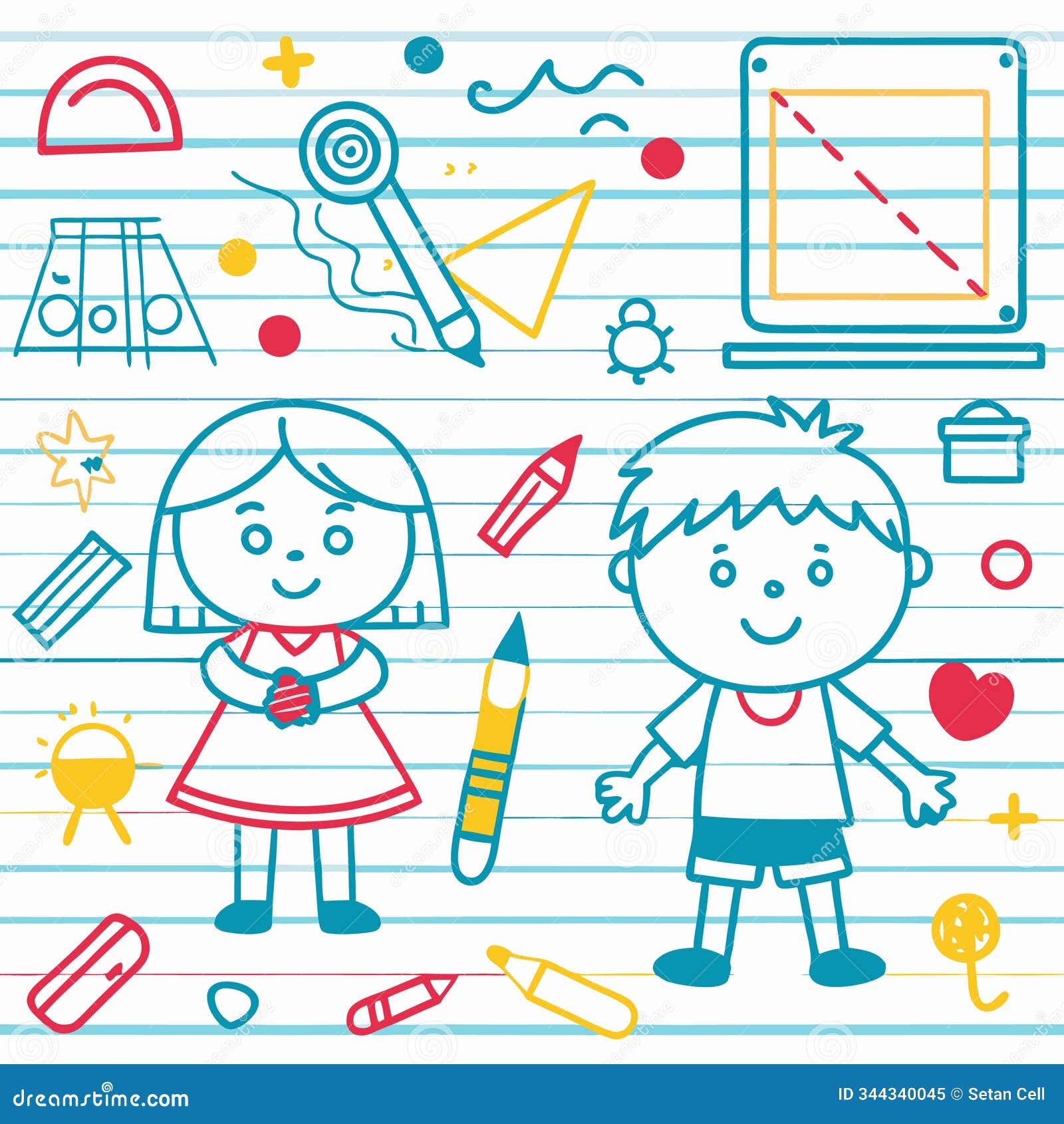 Cute Cartoon Children Drawing on Lined Paper Stock Vector ...