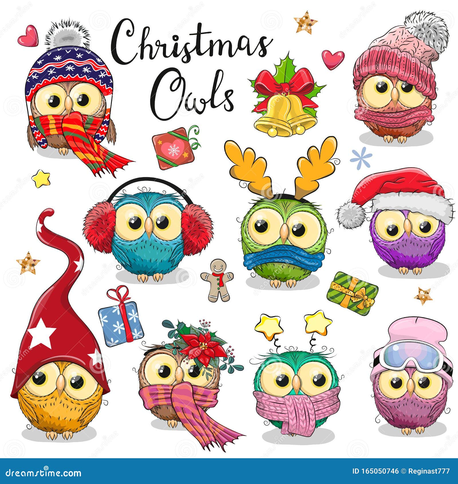 Cute Cartoon Christmas Owls on a White Background Stock Vector ...