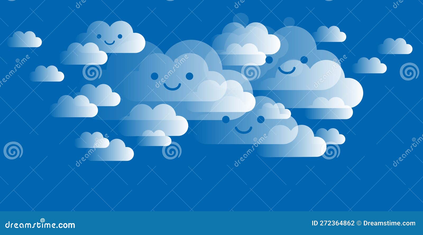Cute Cartoon Clouds with Smiling Faces on Blue Background ...