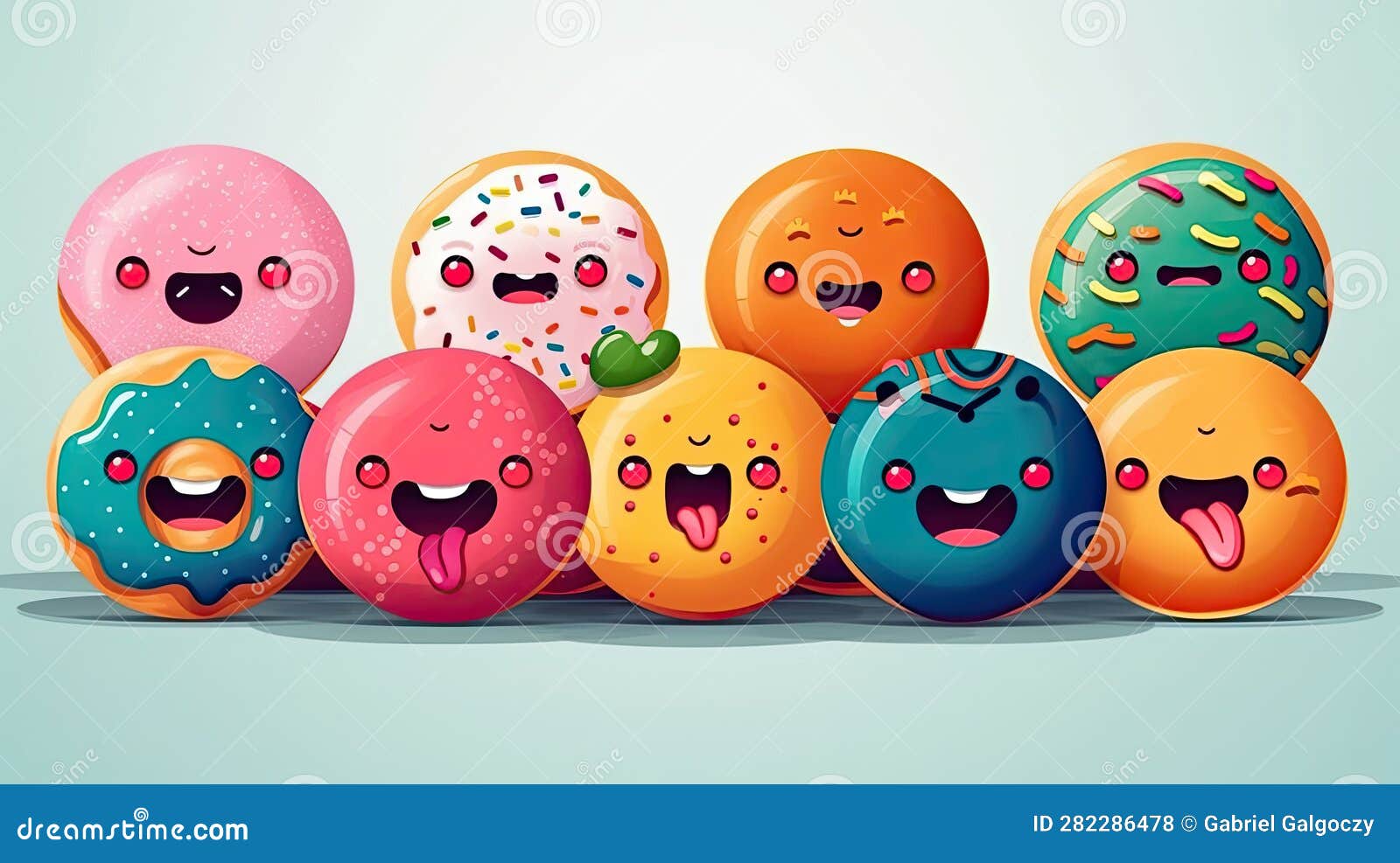 Cute Cartoon Colorful Donuts with Different Faces and Emotions Stock ...