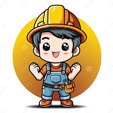 Cute Cartoon Construction Worker Chibi Stlye Stock Image - Image of ...