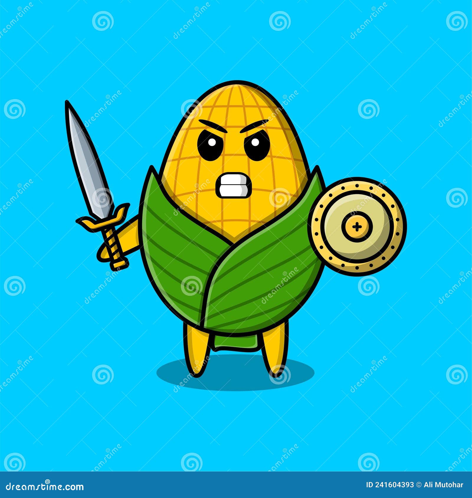 Cute Cartoon Corn Holding Sword and Shield Stock Vector - Illustration ...