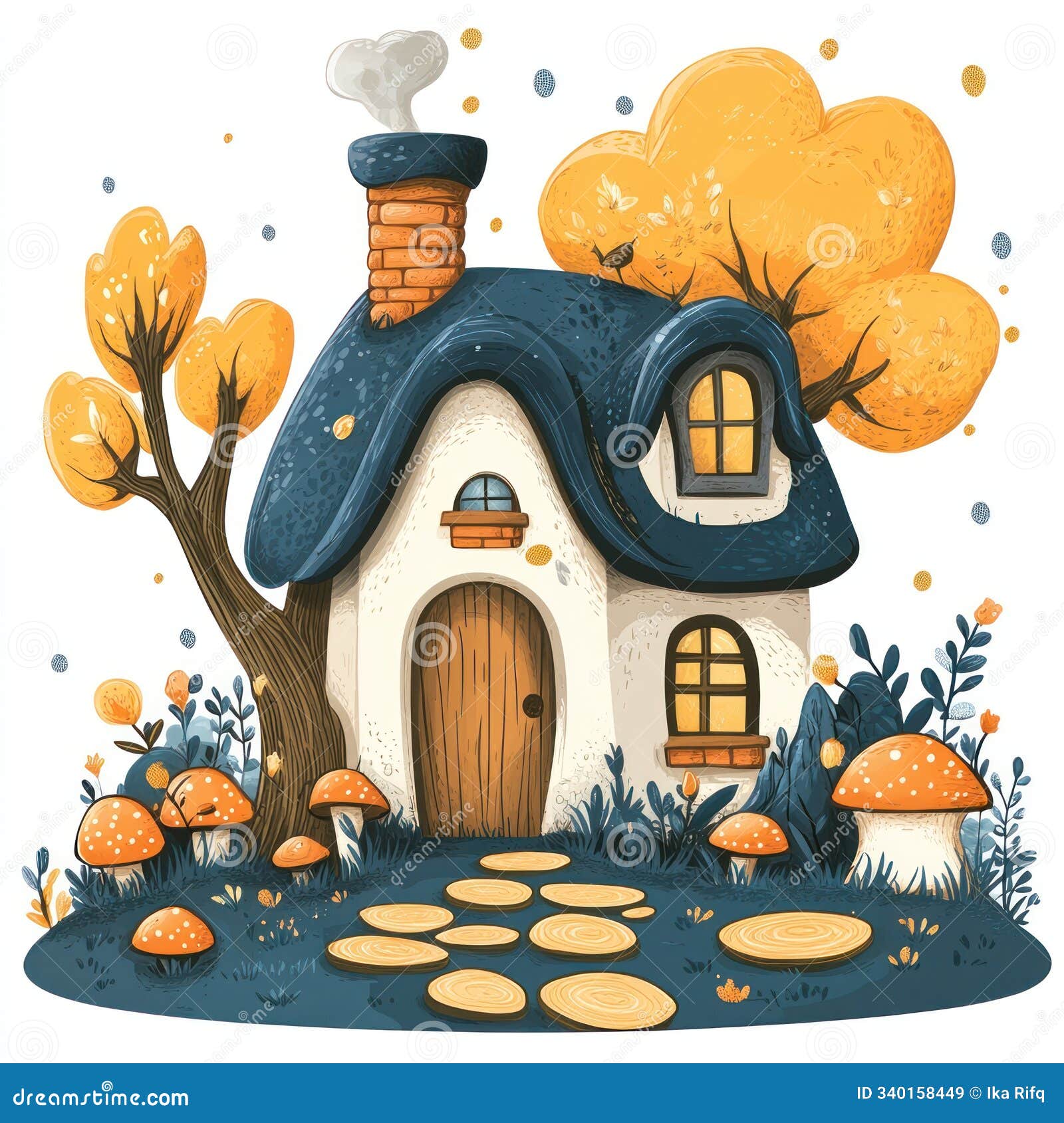 Cute Cartoon Cottage Illustration with Mushroom Pathway and Trees Stock ...