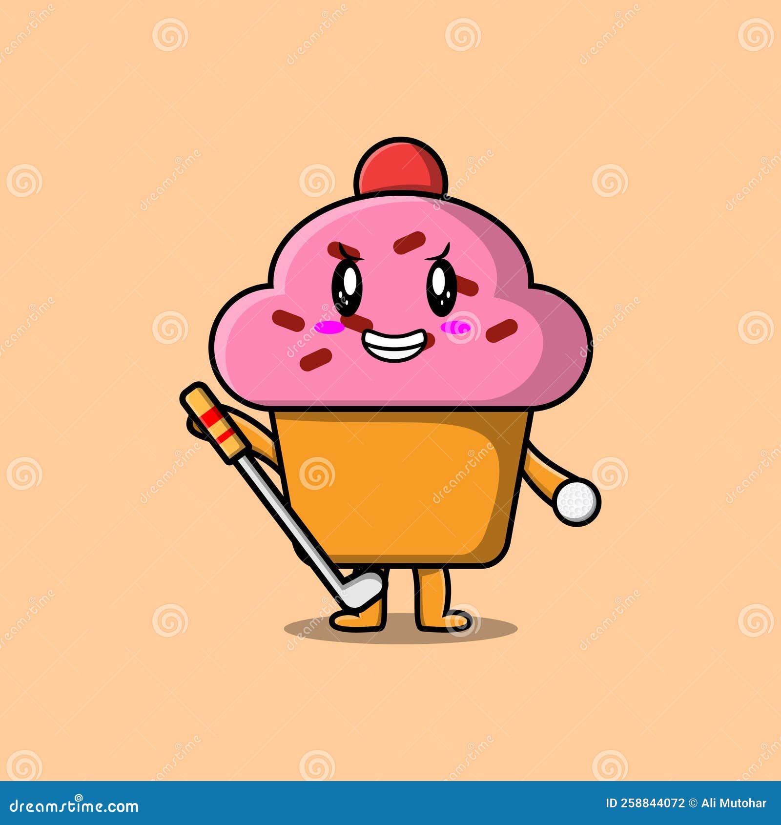 Cute Cartoon Cupcake Character Playing Golf Stock Vector - Illustration ...