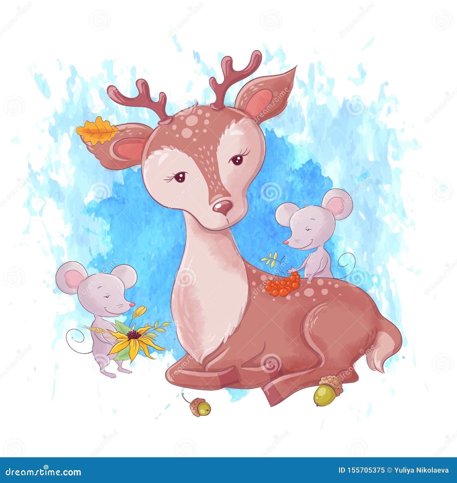Cute Cartoon Deer, Autumn and Leaves. Stock Vector - Illustration of ...