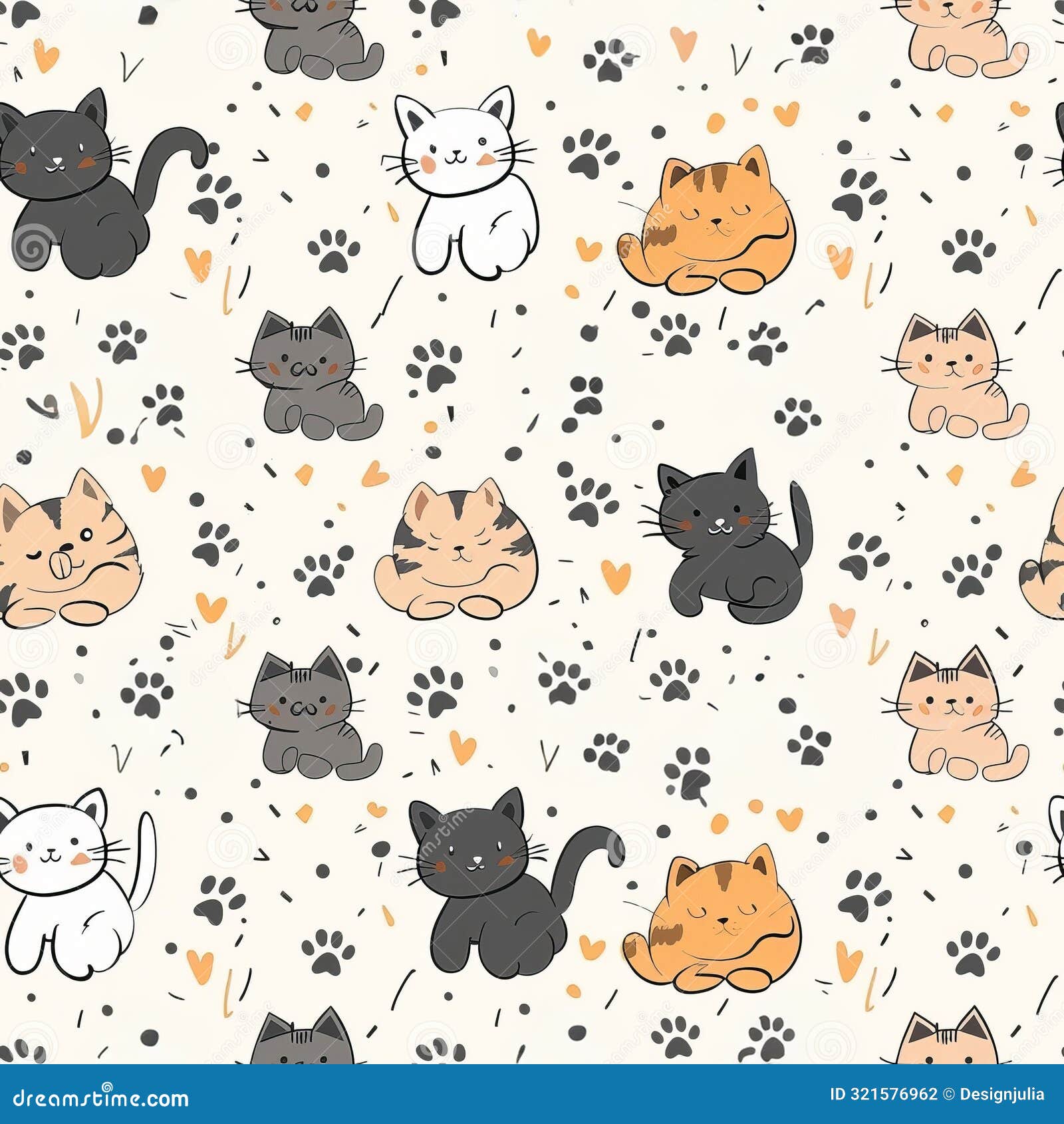 Cute Cartoon Design Cats with Paw Prints Seamless Pattern Vector ...
