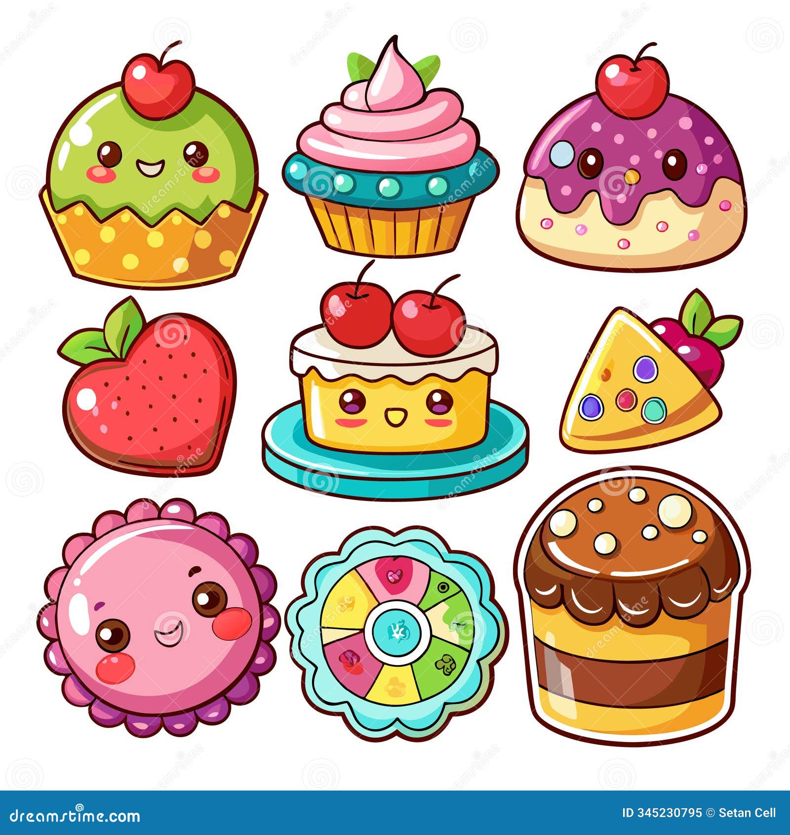 Cute Cartoon Desserts with Happy Faces Stock Vector - Illustration of ...