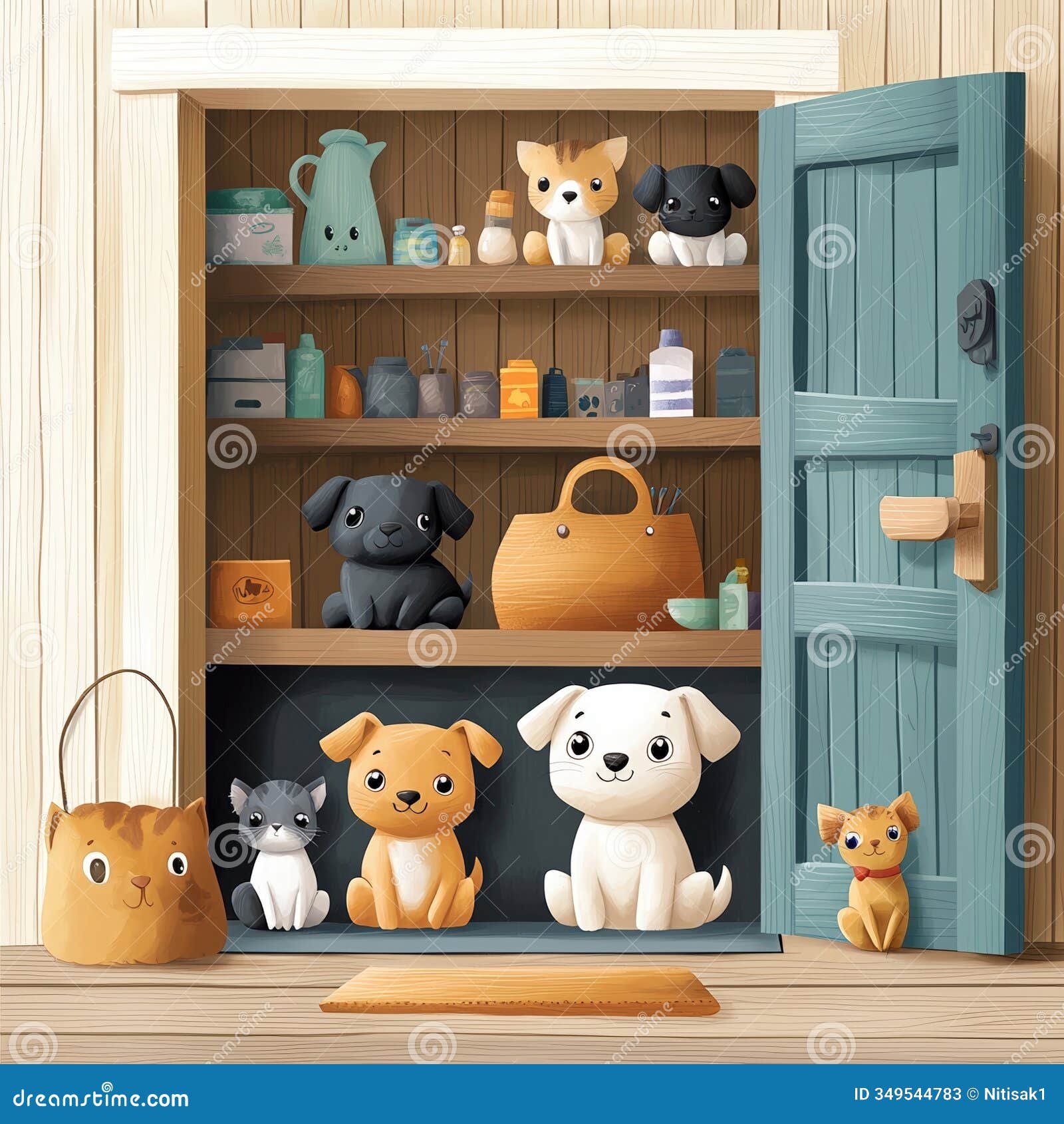 Cute Cartoon Dogs in a Cozy Shelf Setting Stock Illustration ...