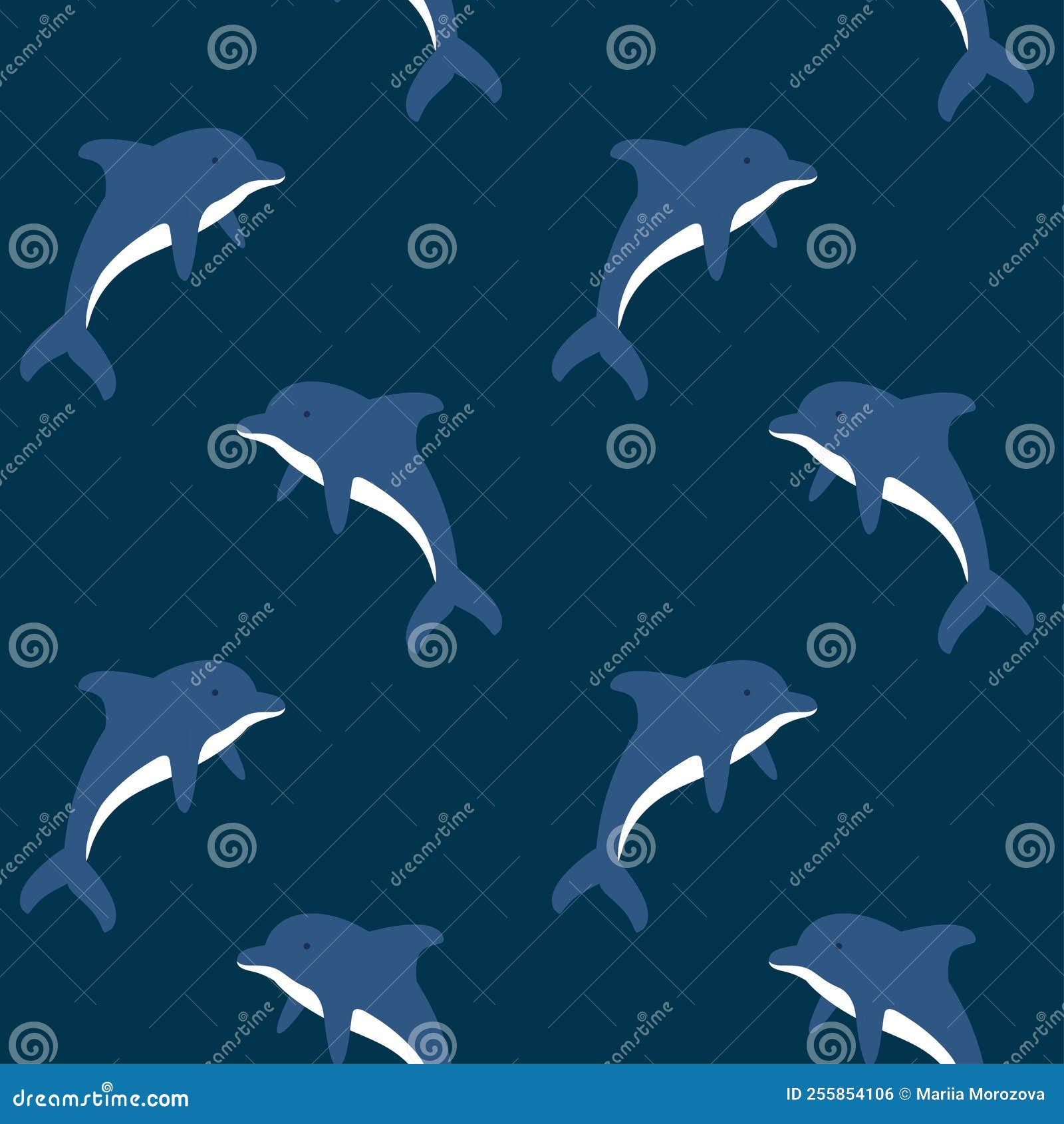 Cute Cartoon Dolphin Vector Pattern on a Dark Blue Background. Stock ...