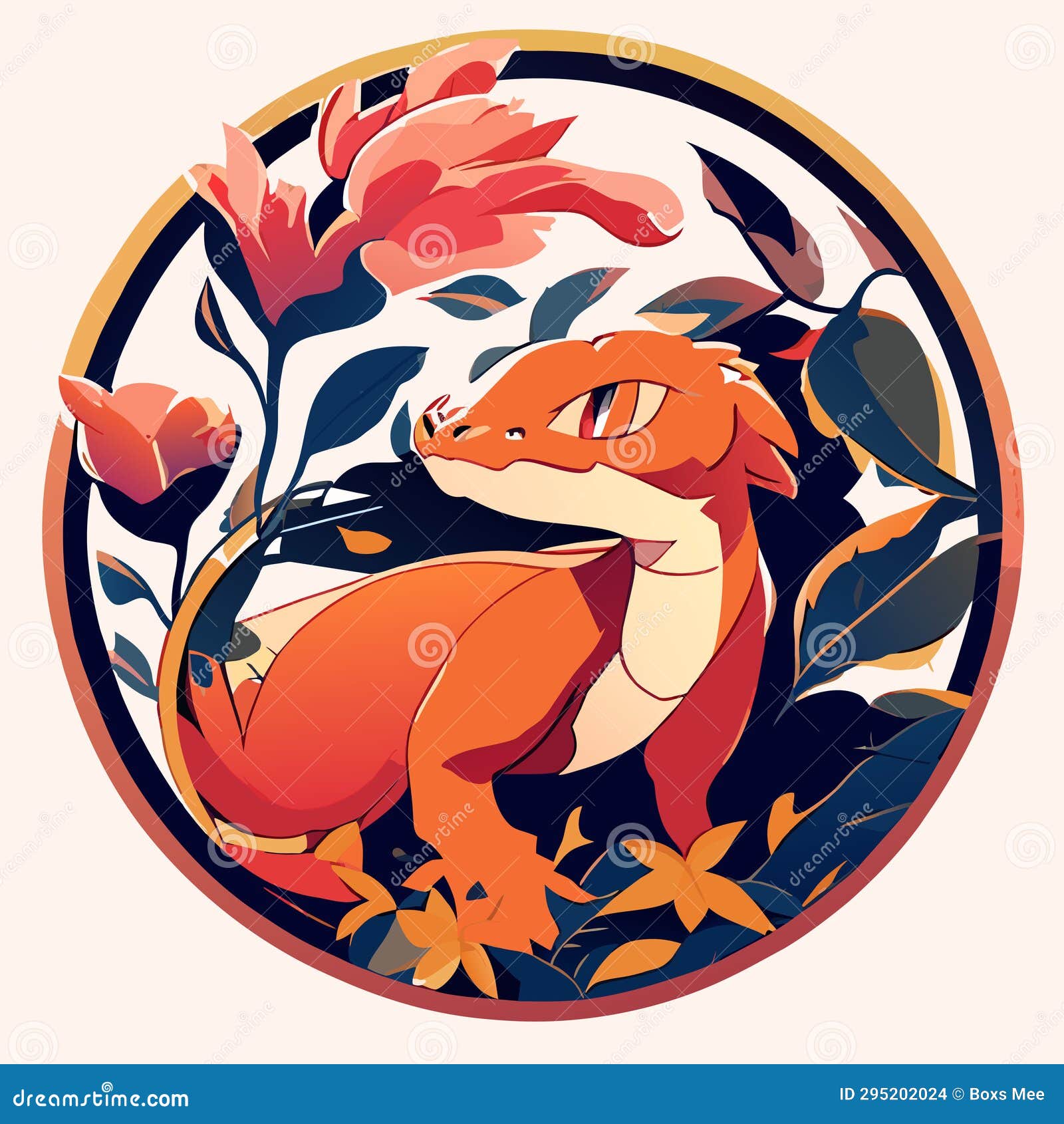 Cute Cartoon Dragon in a Floral Frame. Vector Illustration in Retro ...
