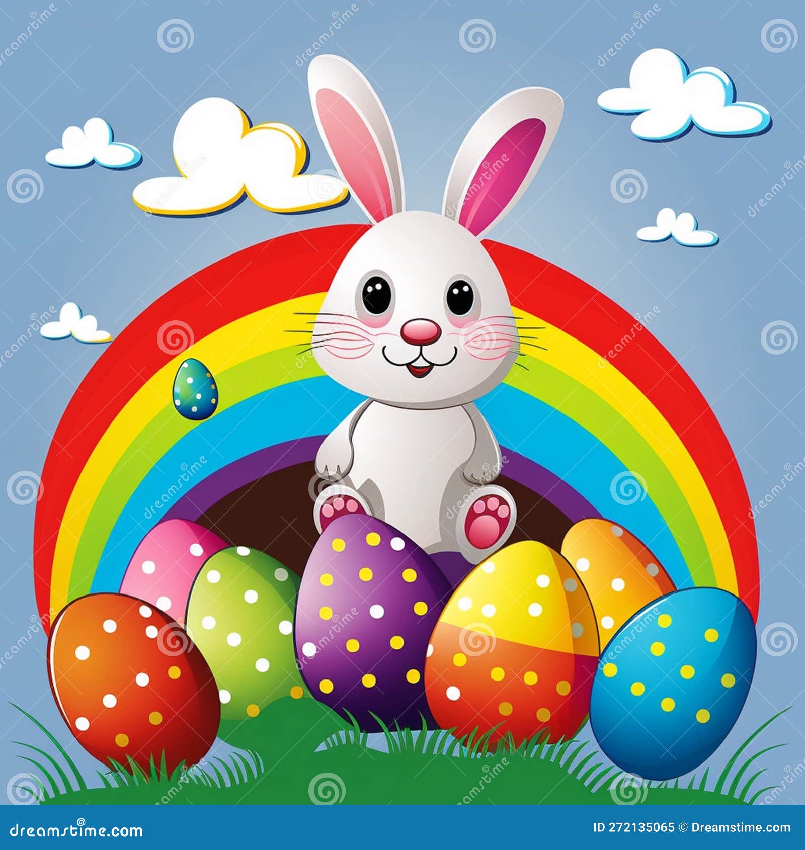 Cute Cartoon Easter Bunny Sitting between Colourful Dotted Easter Eggs Stock Illustration ...