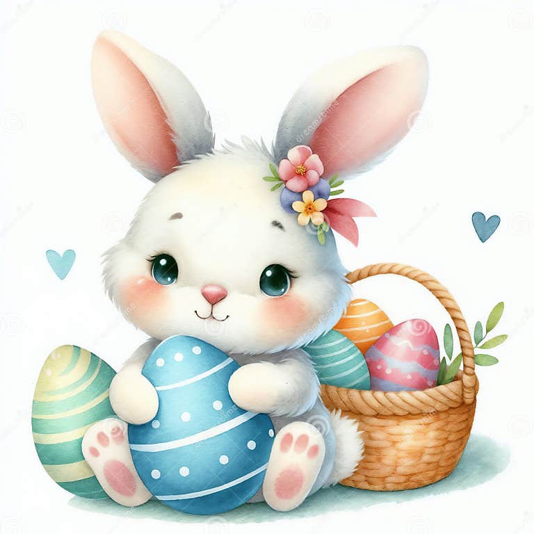 Cute Cartoon Easter Bunny on White Background. AI Stock Illustration ...