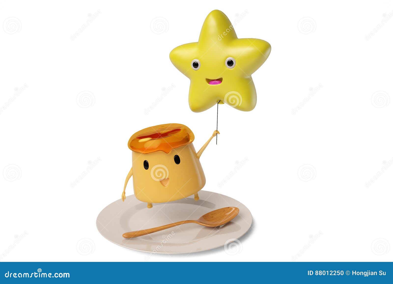 A Cute Cartoon Egg Pudding Holding A Star Balloon On The Plate. Stock ...