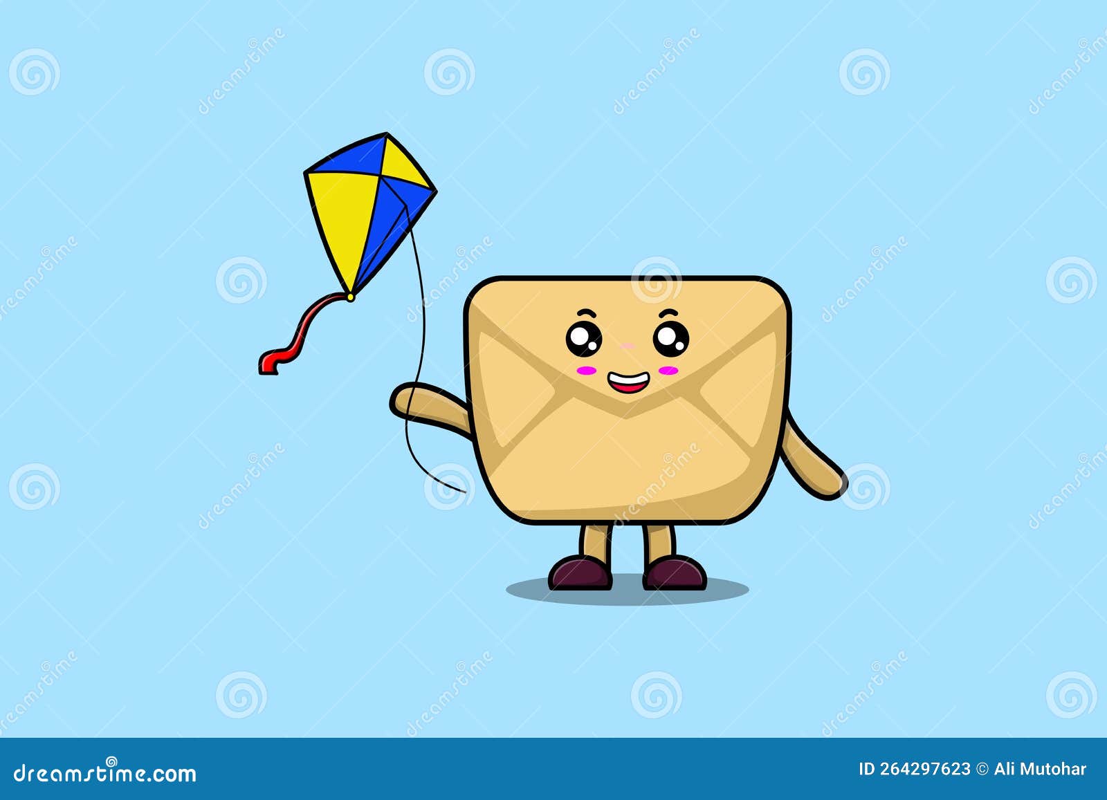 Cute Cartoon Envelope Character Play Kite Flying Stock Vector ...