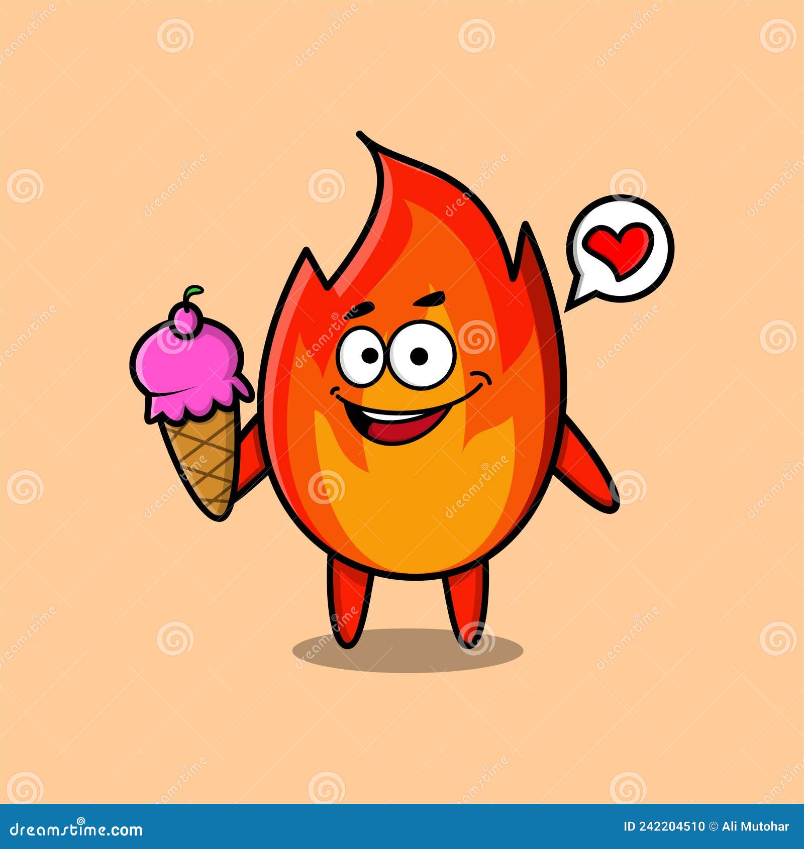 Cute Cartoon Fire Character Holding Ice Cream Cone Stock Vector ...