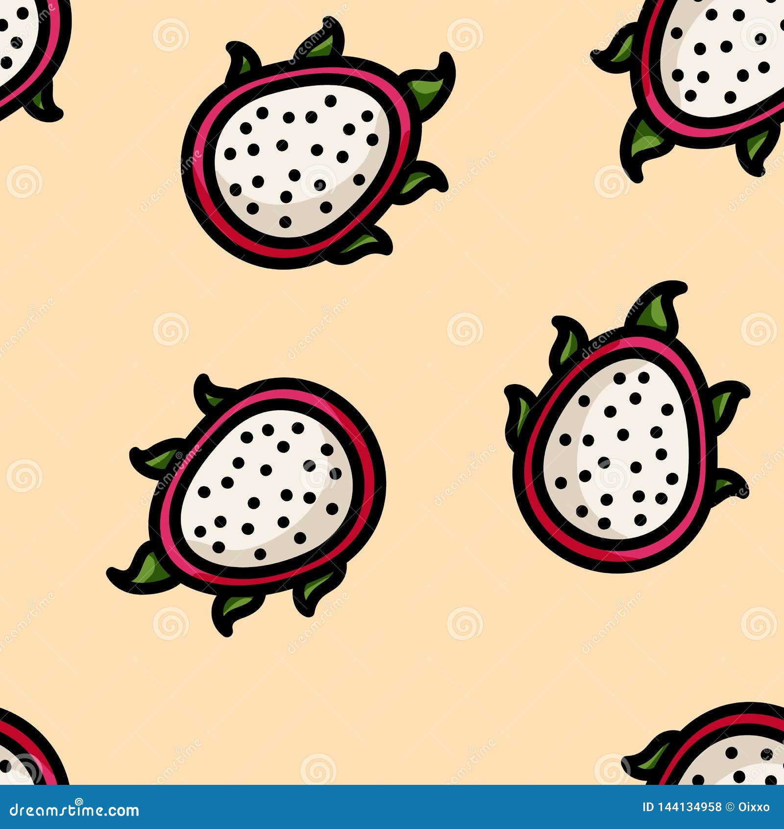Cute Cartoon Flat Style Dragon Fruit Seamless Pattern Stock Vector ...