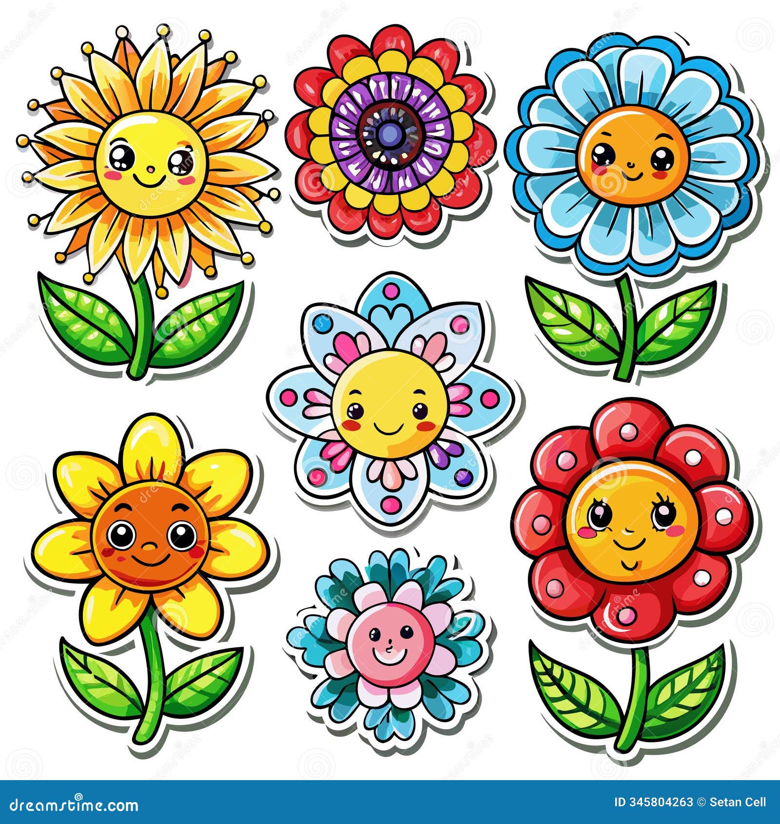 Cute Cartoon Flower Stickers. ( Stock Image - Image of nature, adorable ...
