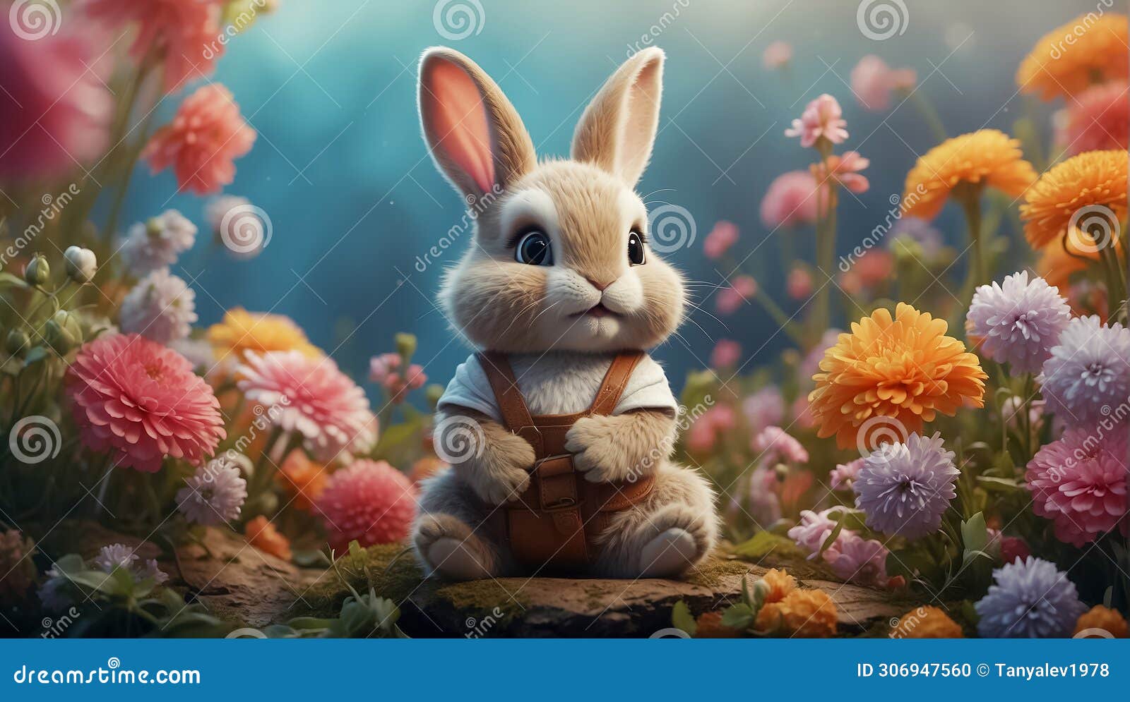 Cute Cartoon Fluffy Bunny with Flowers Character Stock Illustration ...