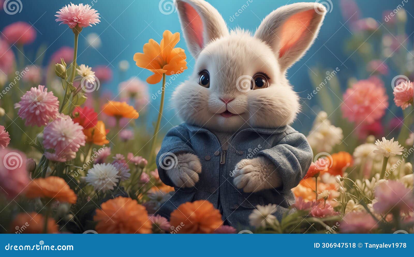 Cute Cartoon Fluffy Bunny with Flowers Character Creative Stock ...