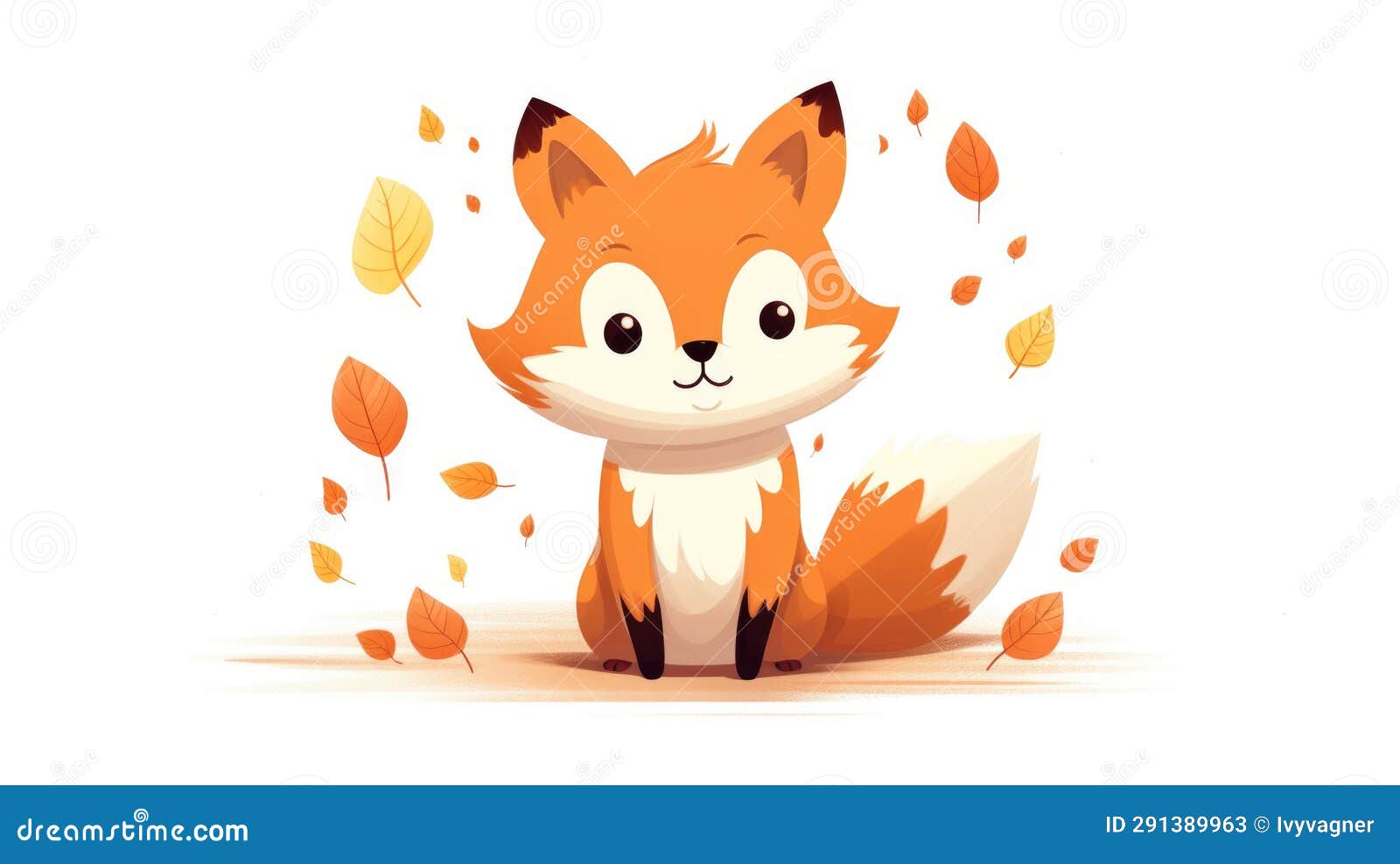 Cute Cartoon Fox with Autumn Leaves on White Background Stock ...
