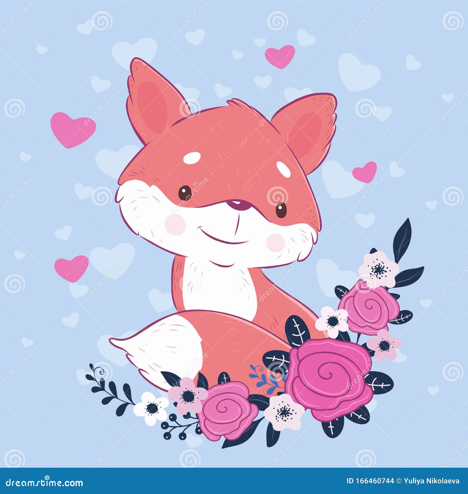 Cute Cartoon Fox with a Bouquet of Roses Stock Vector - Illustration of ...