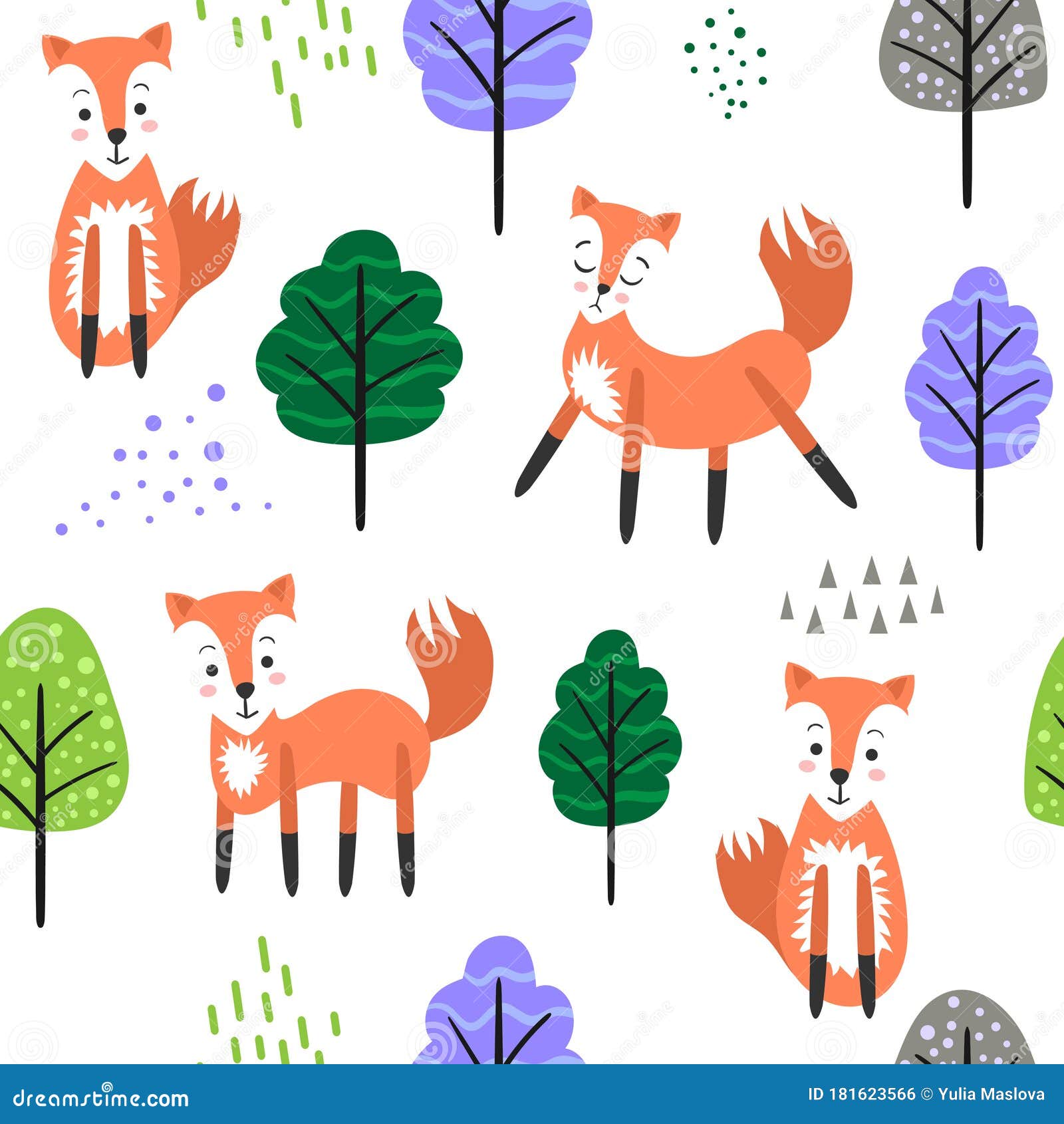 Cute Cartoon Fox in Different Poses. Forest and Trees. Seamless Pattern ...