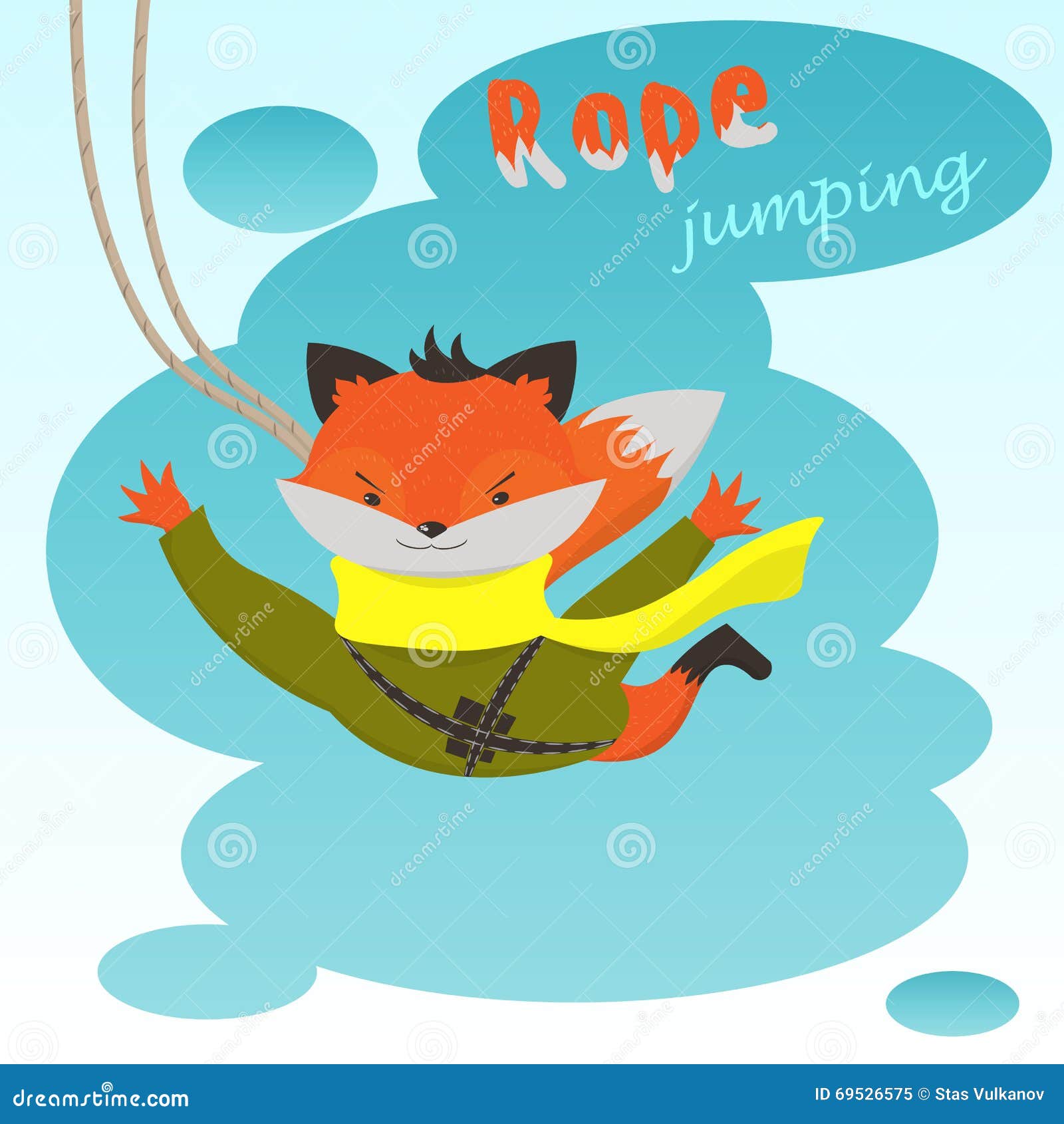 Cute Cartoon Fox Jumping with a Rope on a Background of Clouds Stock ...