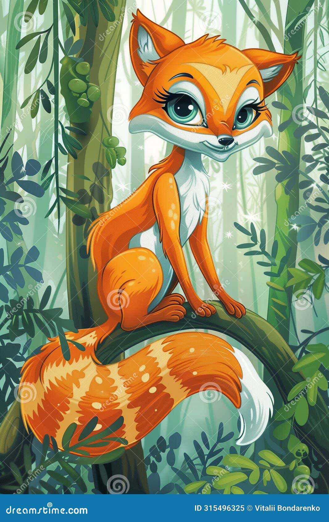 Cute Cartoon Fox Sitting on a Branch in the Forest. Stock Illustration ...
