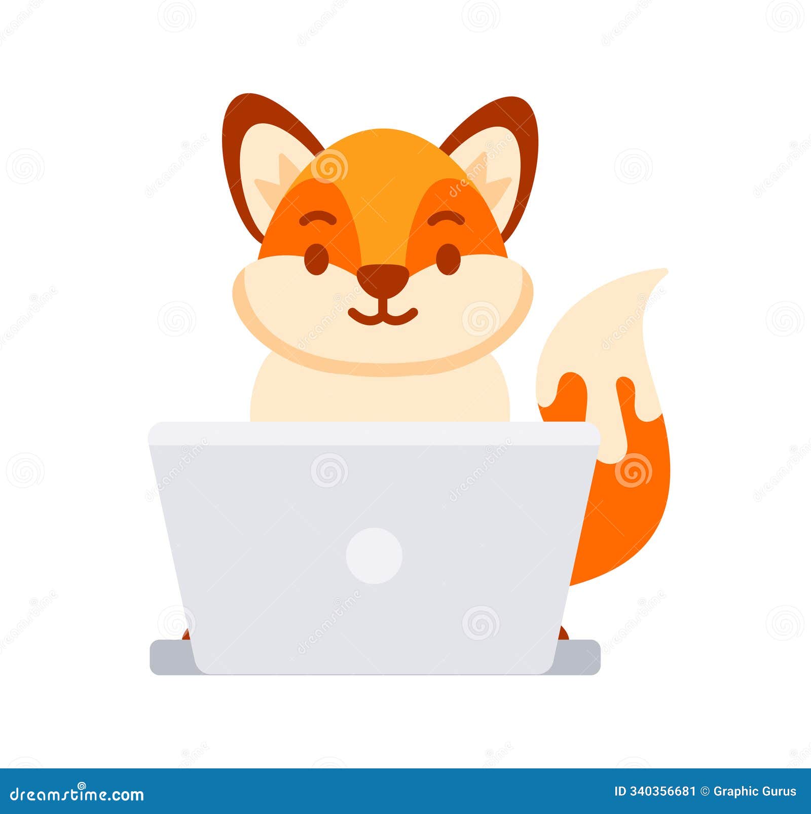 Cute Cartoon Fox Sitting at Laptop Computer Working or Studying Stock ...