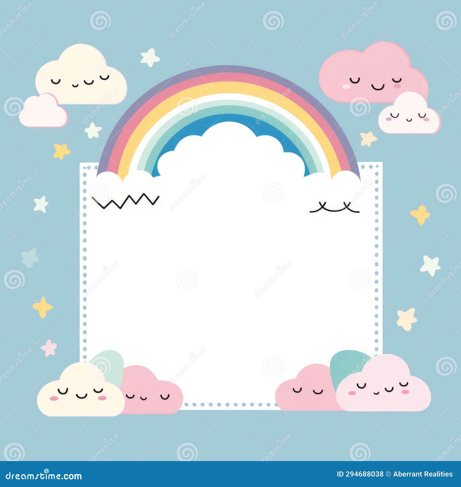 Cute Cartoon Frame with Rainbow and Clouds on a Blue Background Stock ...