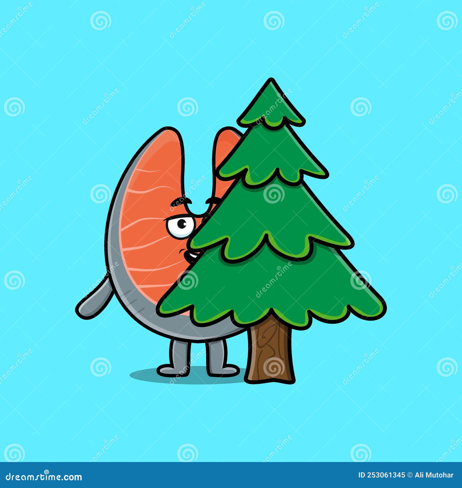 Cute Cartoon Fresh Salmon Character Hiding Tree Stock Vector ...