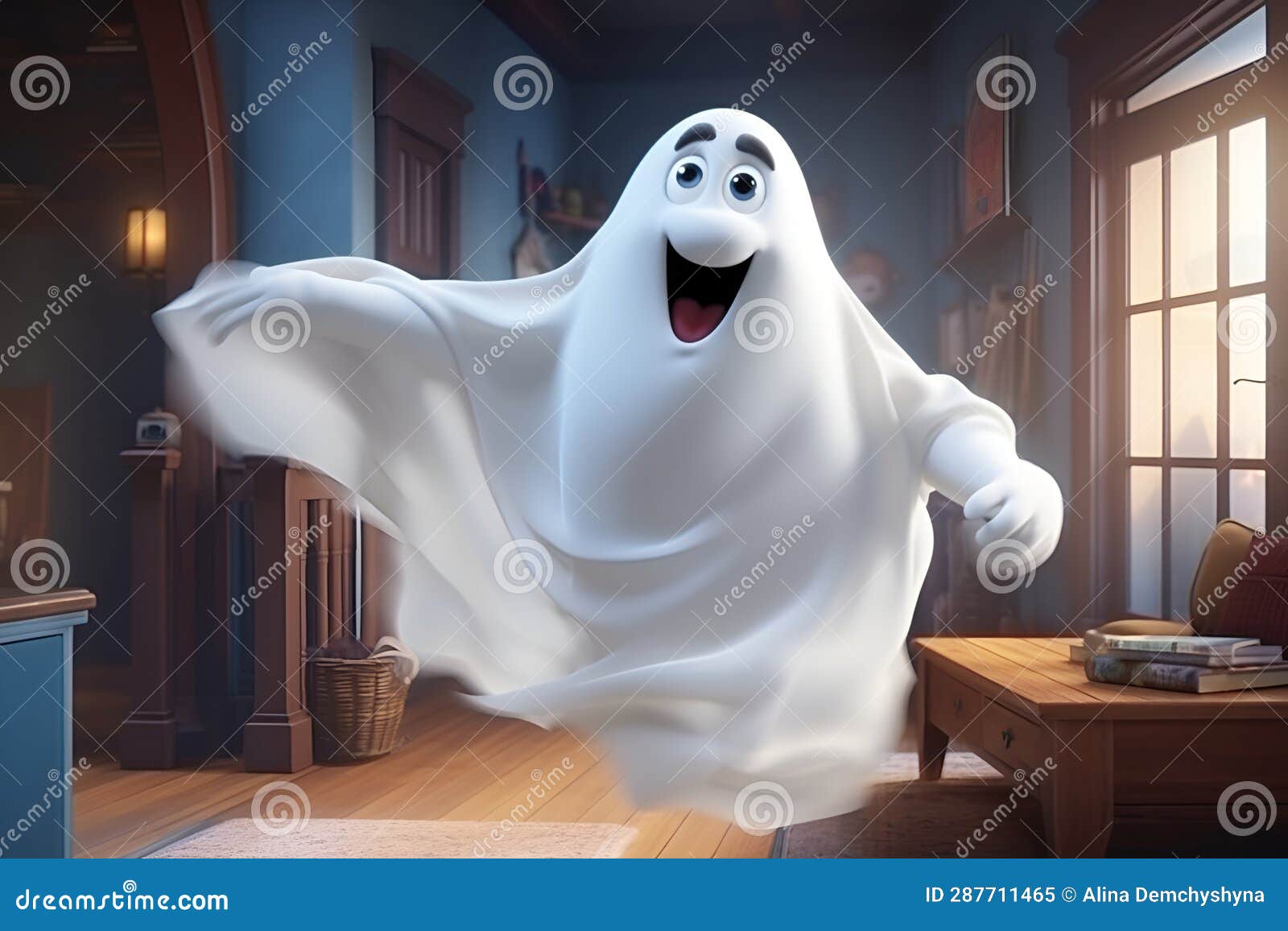A Cute Cartoon Ghost is Flying in the House Stock Illustration ...