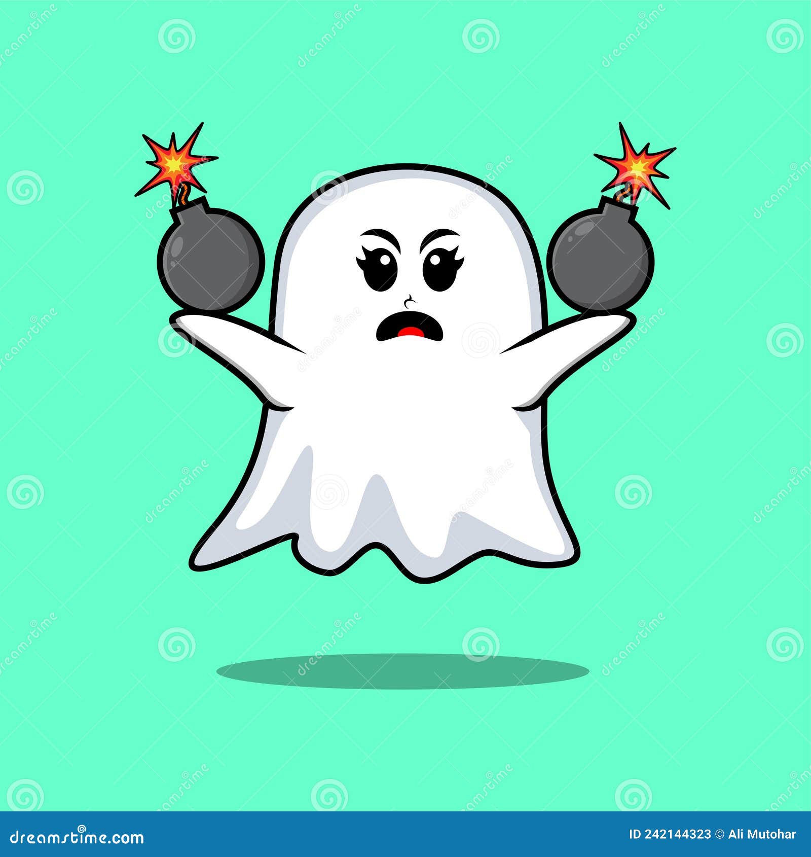 Cute Cartoon Ghost Holding Bomb Stock Vector - Illustration of comic ...