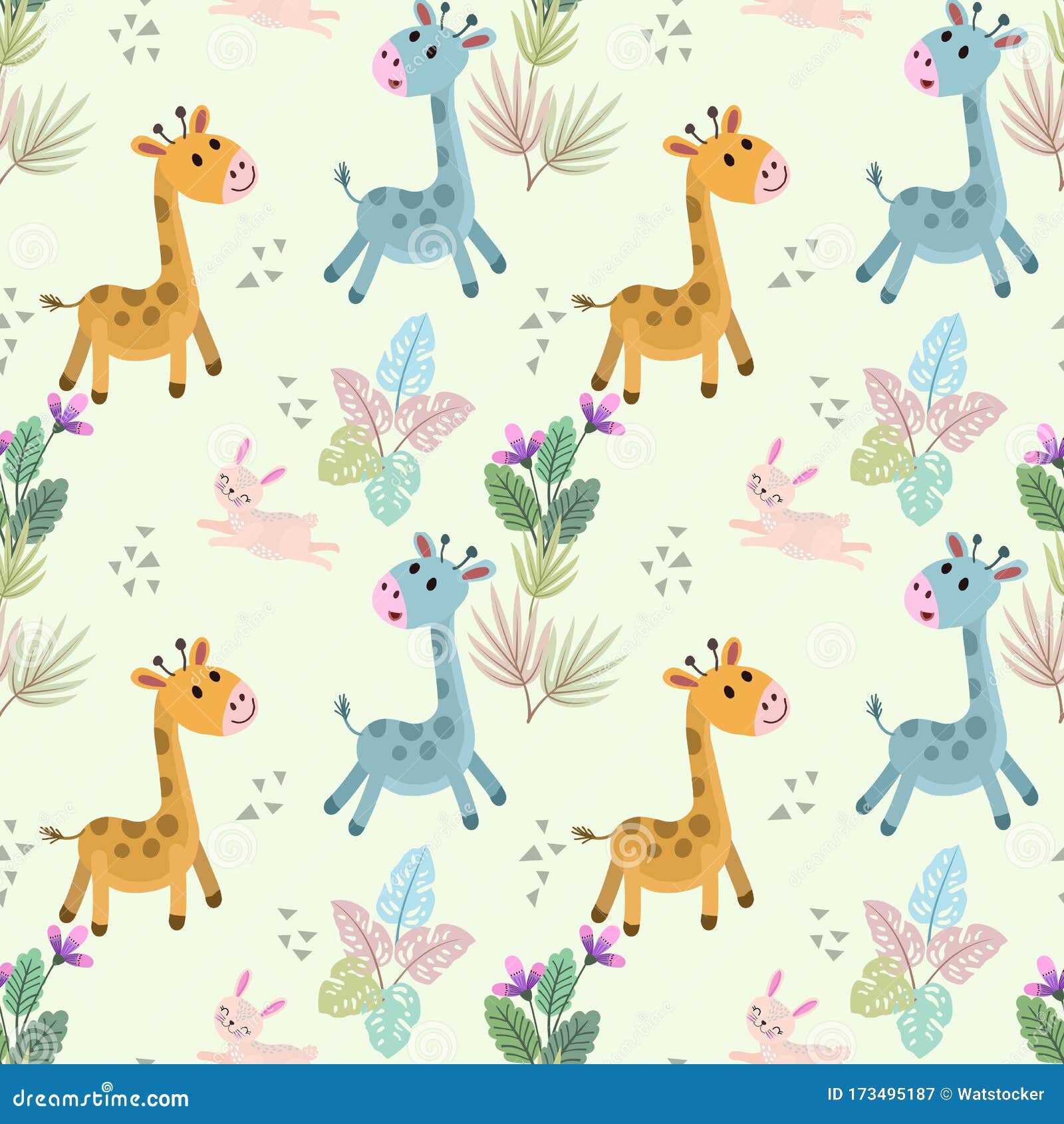 Cute Cartoon Giraffe and Rabbit Running Seamless Pattern. Stock ...