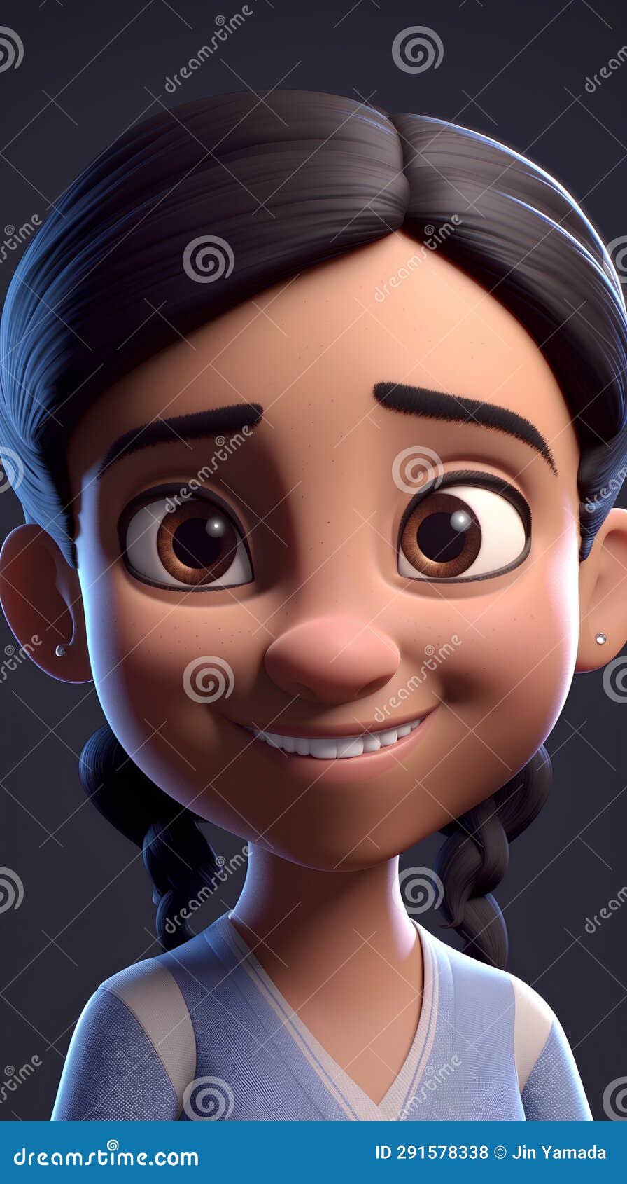 Cute Cartoon Girl With Blue Eyes And Black Hair 3d Rendering Stock