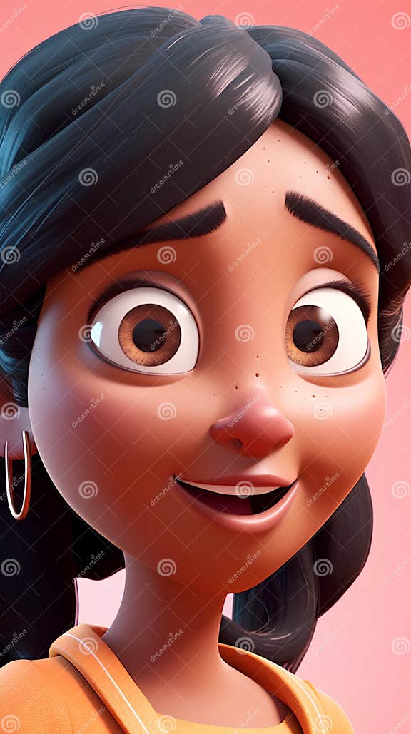 Cute Cartoon Girl With Brown Hair And Brown Eyes 3d Rendering Stock