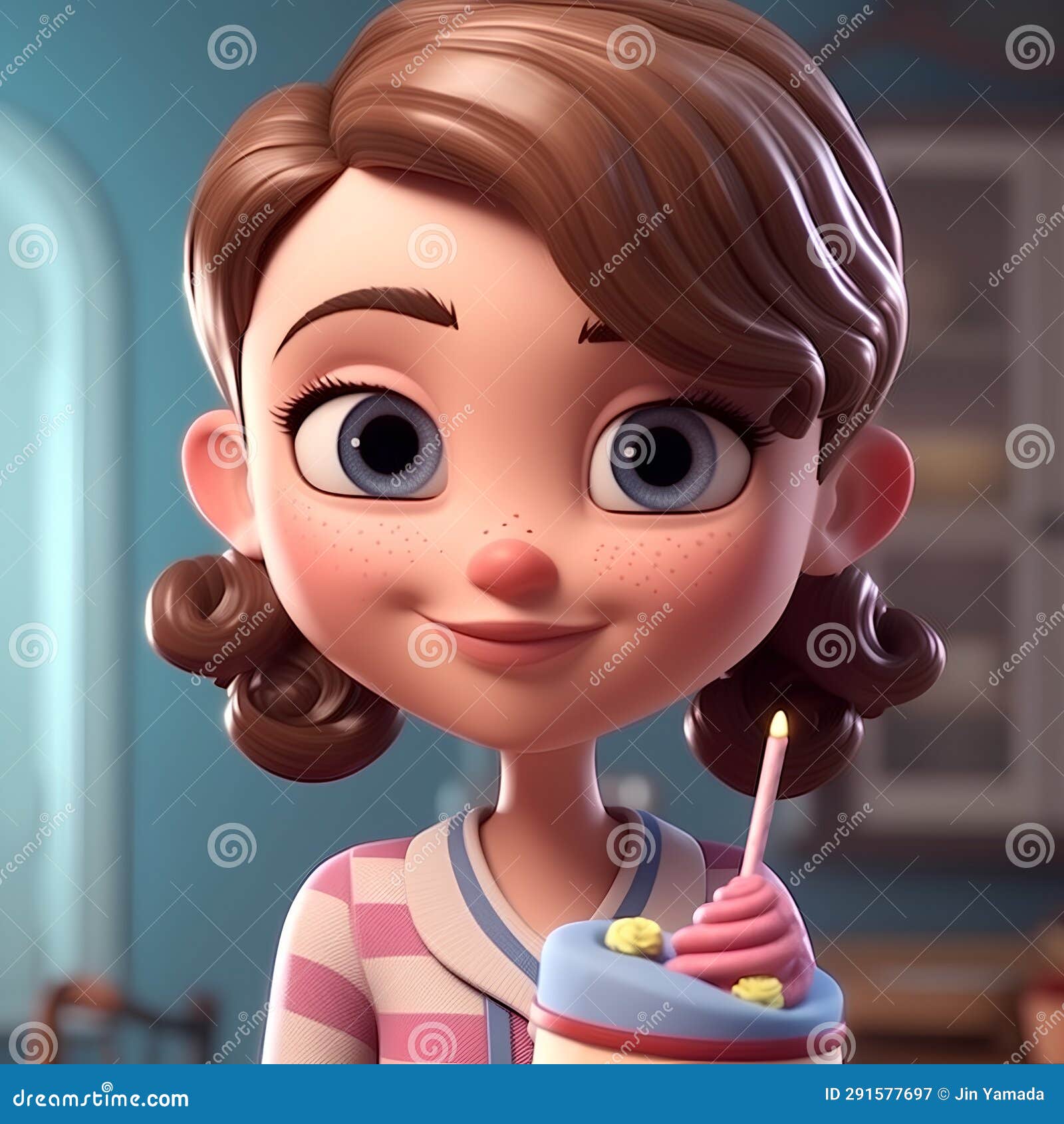 Cute Cartoon Girl with Cake in Her Hand, 3d Render Stock Illustration ...