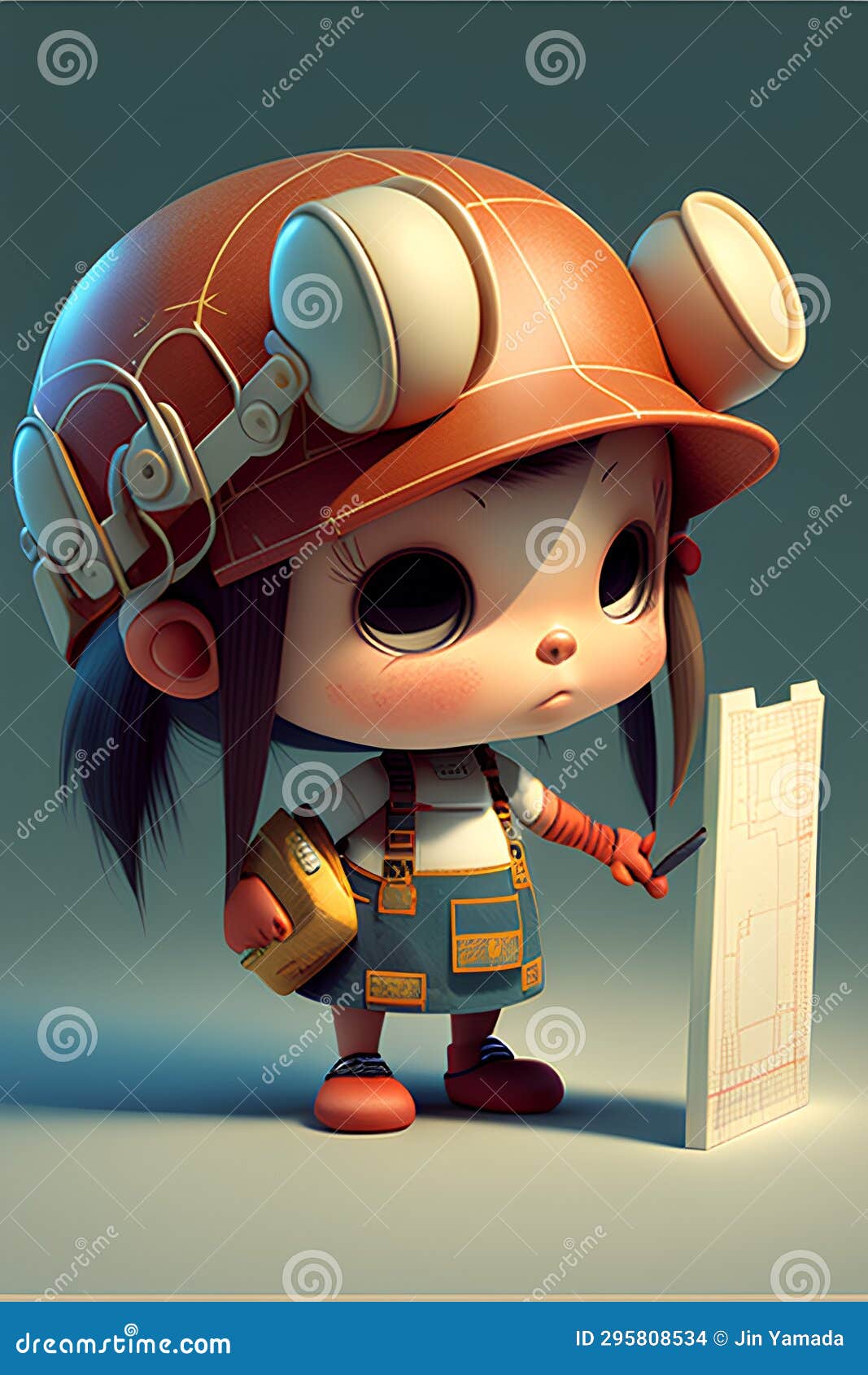 Cute Cartoon Girl Construction Worker with Helmet and Tools. 3d ...