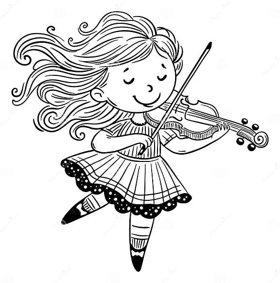 Cute Cartoon Girl Plays Music on the Violin. Isolated Outline Vector ... Cute Cartoon Girl Plays Music on the Violin. Isolated Outline Vector ...
