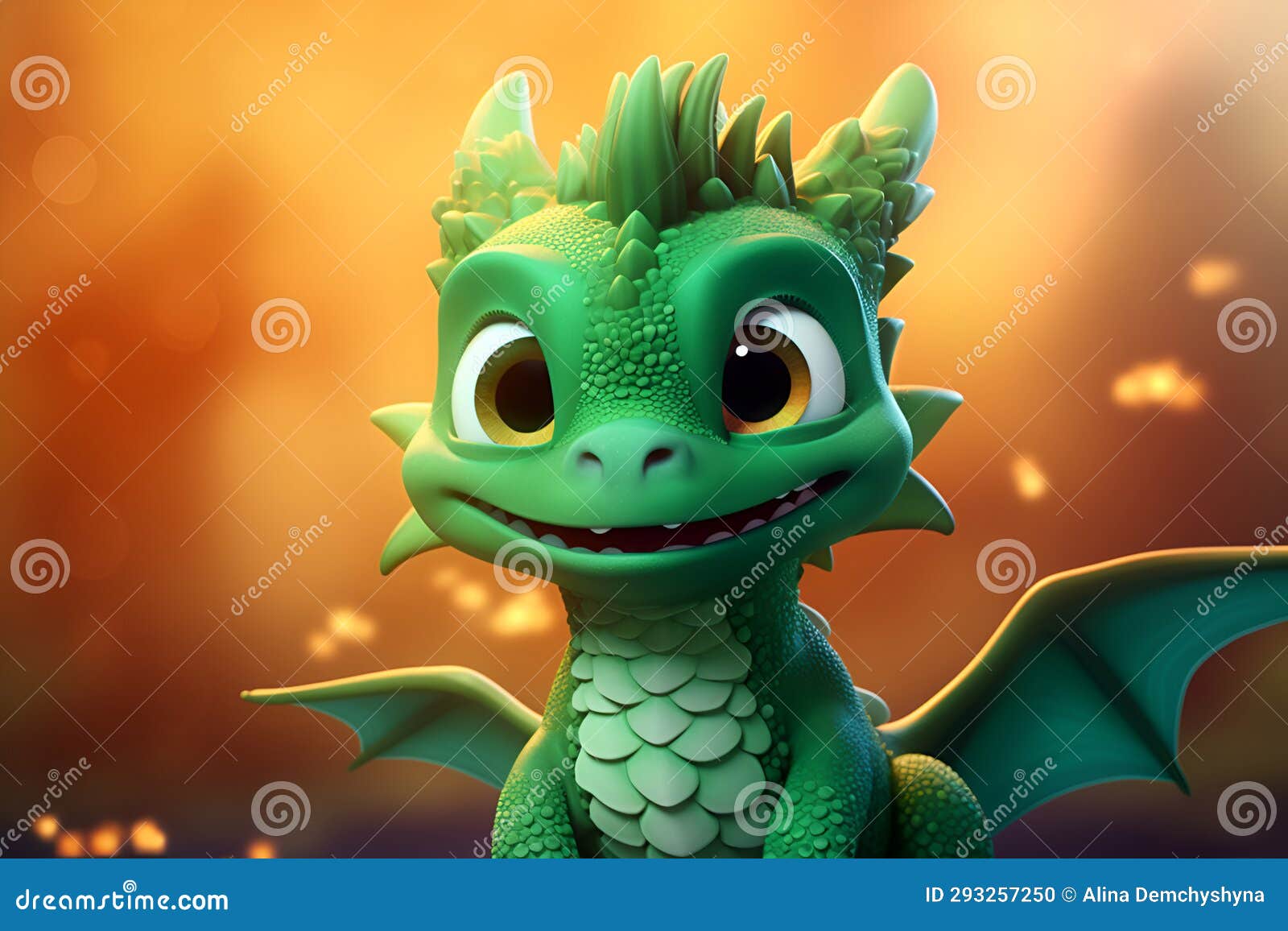 Cute Cartoon Green Dragon on an Orange Background Stock Illustration ...