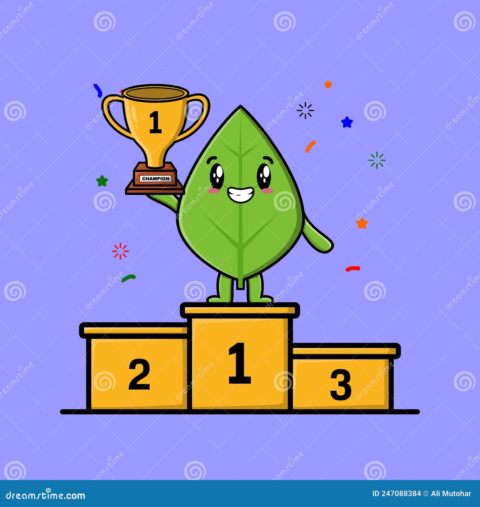 Cute Cartoon Green Leaf As the First Winner Stock Vector - Illustration ...