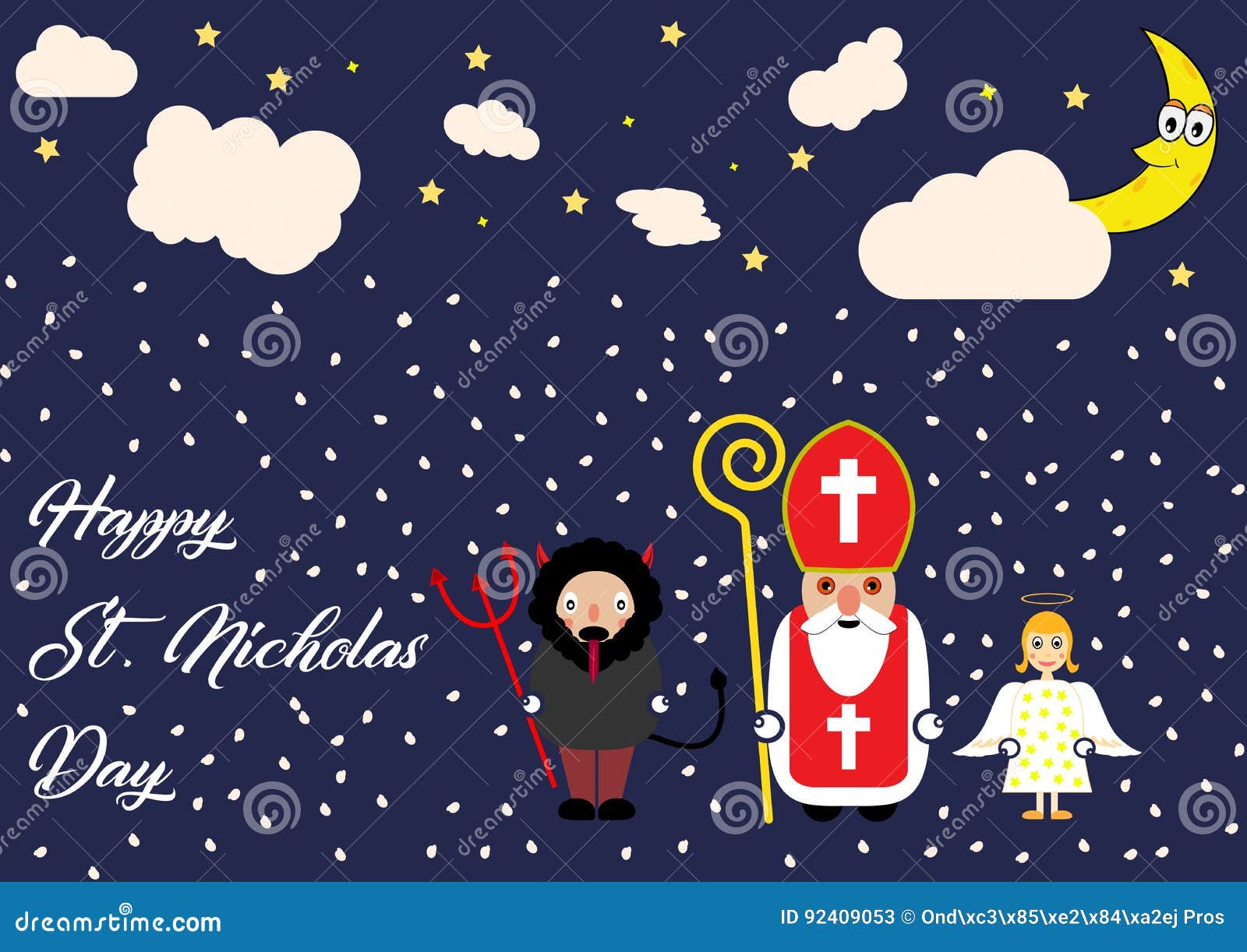 Cute Cartoon Greeting Card with Saint Nicholas, Angel and Devil ...