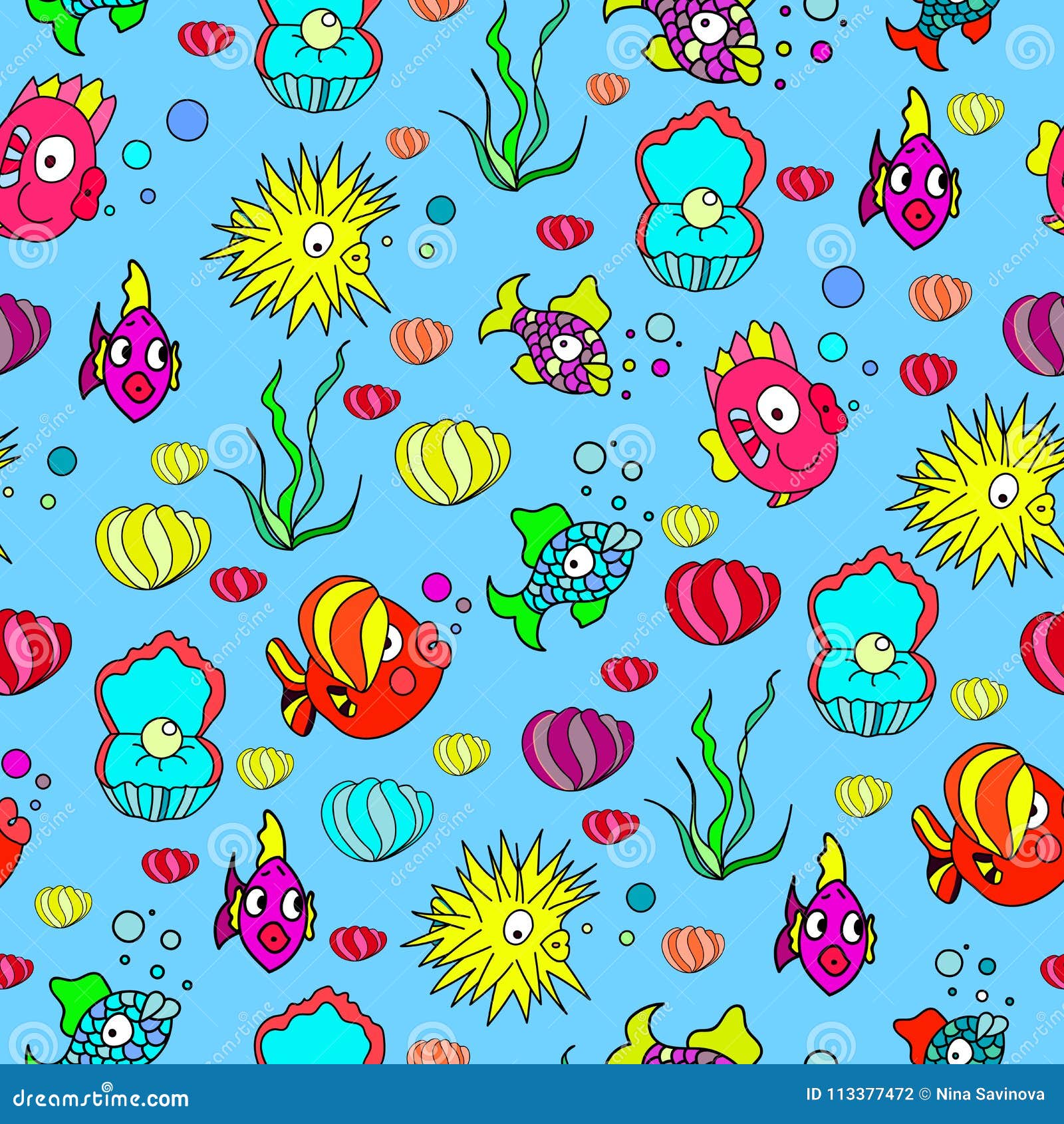 Cute Cartoon Hand Drawn Oceans Seamless Pattern Vector Stock Vector ...